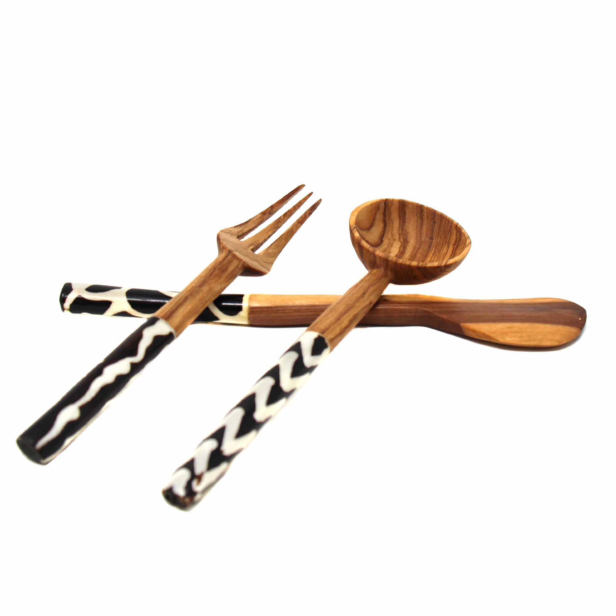 Global Crafts Olive Wood Appetizer Set Of 3 (Fork, Spoon, Spreader ...