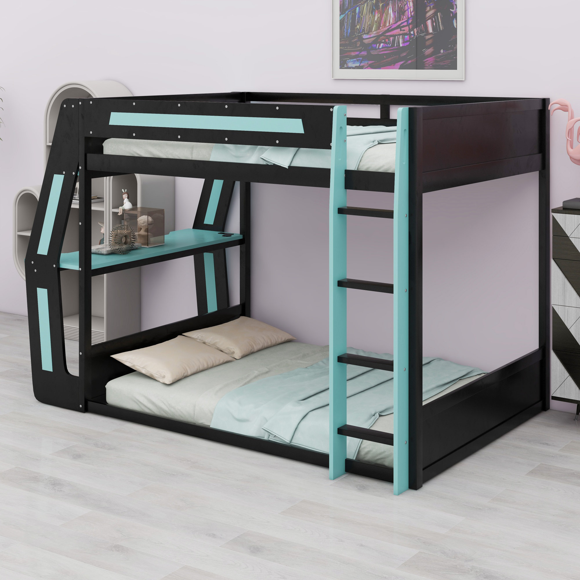 Wrought Studio™ Gaming Bunk Bed With Side-Mounted Oversized RGB Desk ...