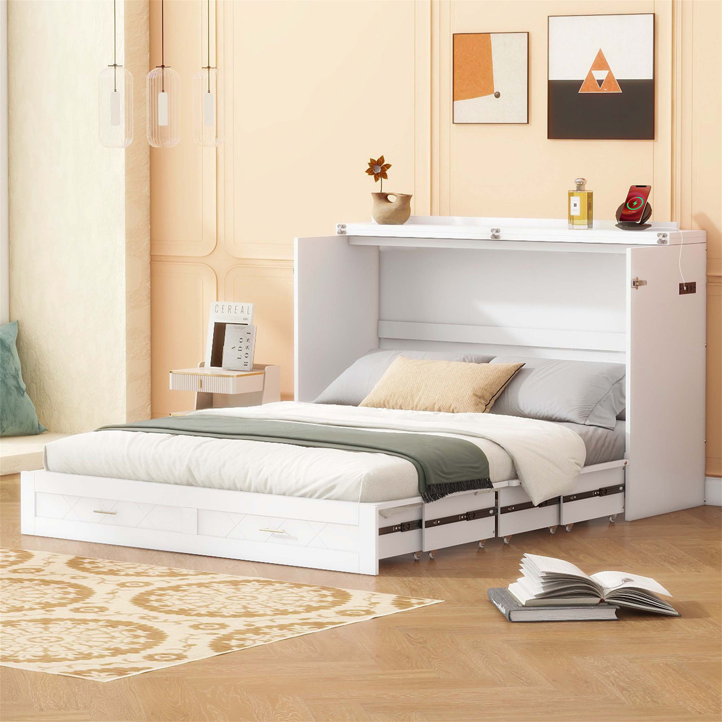 Latitude Run® Full Size Murphy Bed Wall Bed with Drawer and Sockets ...