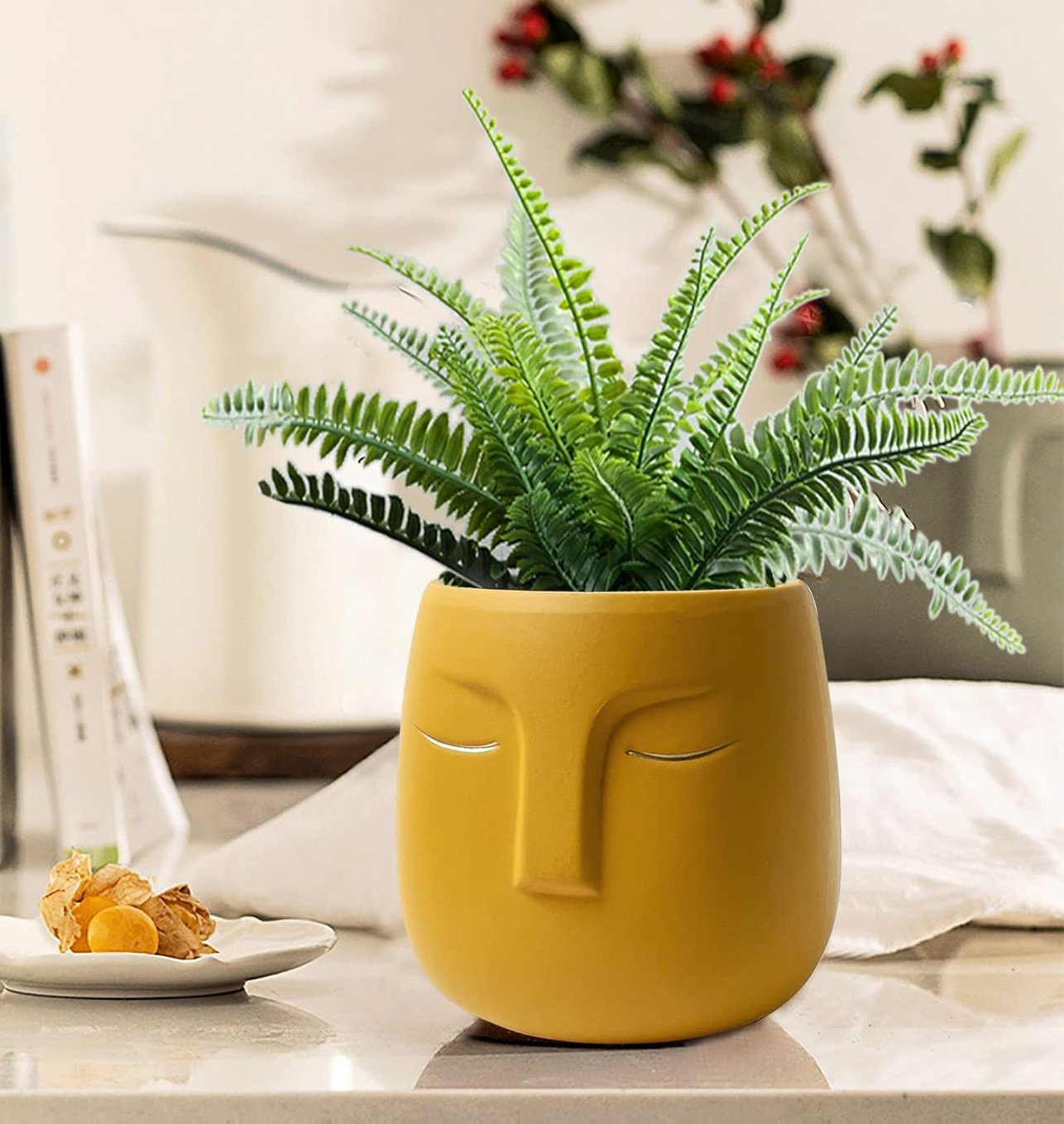 Ivy Bronx The Ceramic Head Planter Gold Eyes Face Succulent Pot with ...