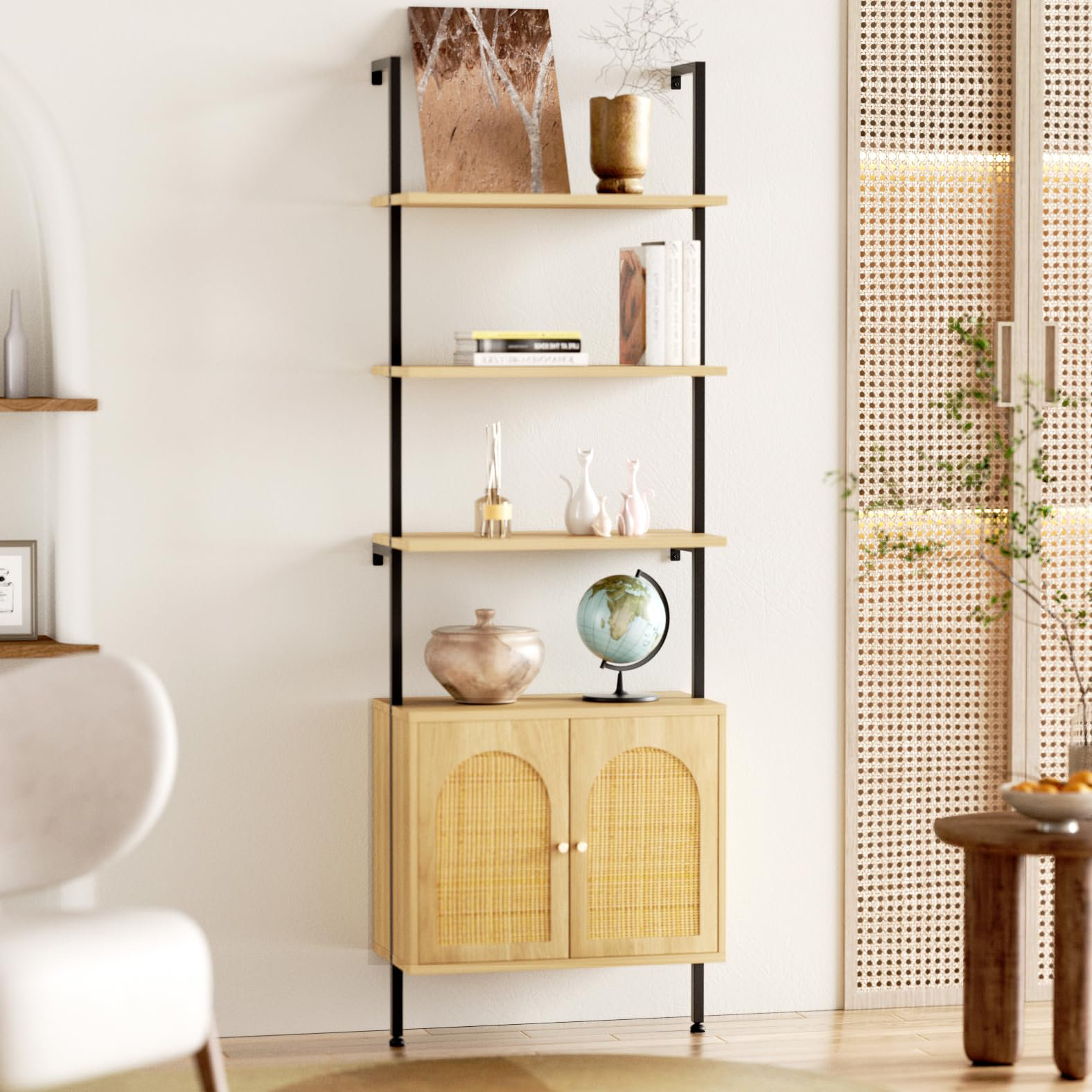 Bayou Breeze 6-Shelf Wall-Mounted Ladder Bookcase With Rattan Cabinets ...