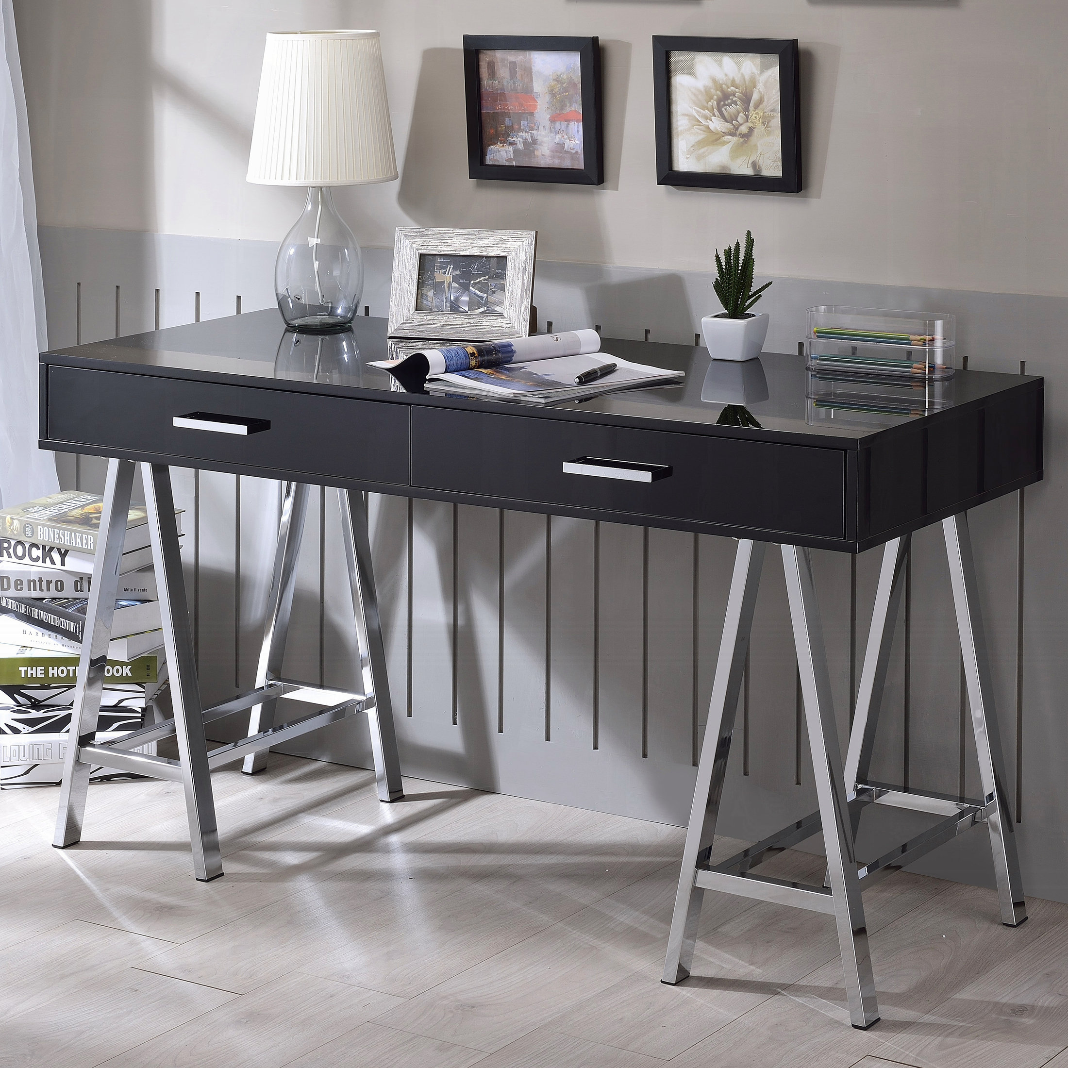Taroo Clocks Black High Gloss and Chrome 2-Drawer Writing Desk | Wayfair