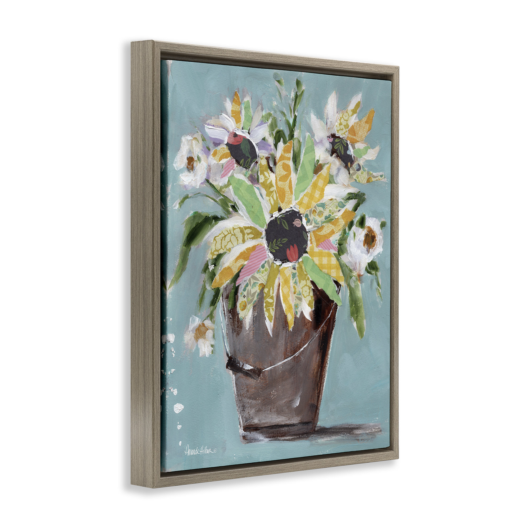 August Grove® Flower Bucket Bouquet Framed Floater Canvas Wall Art by ...