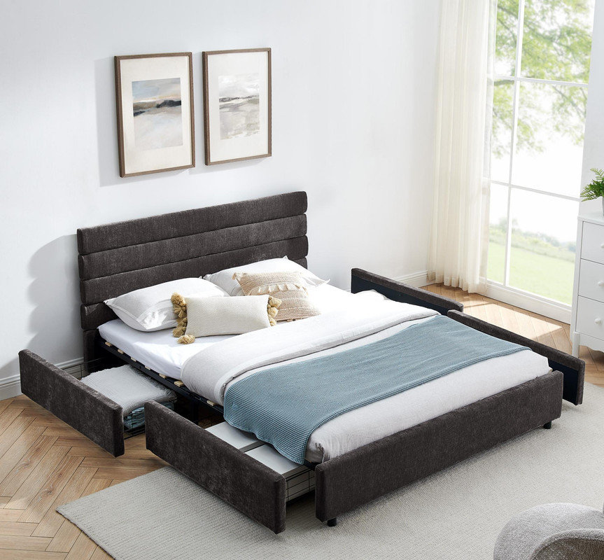 Mercer41 Beige Queen Size Cushioned Bed Frame with Headboard - Solid ...