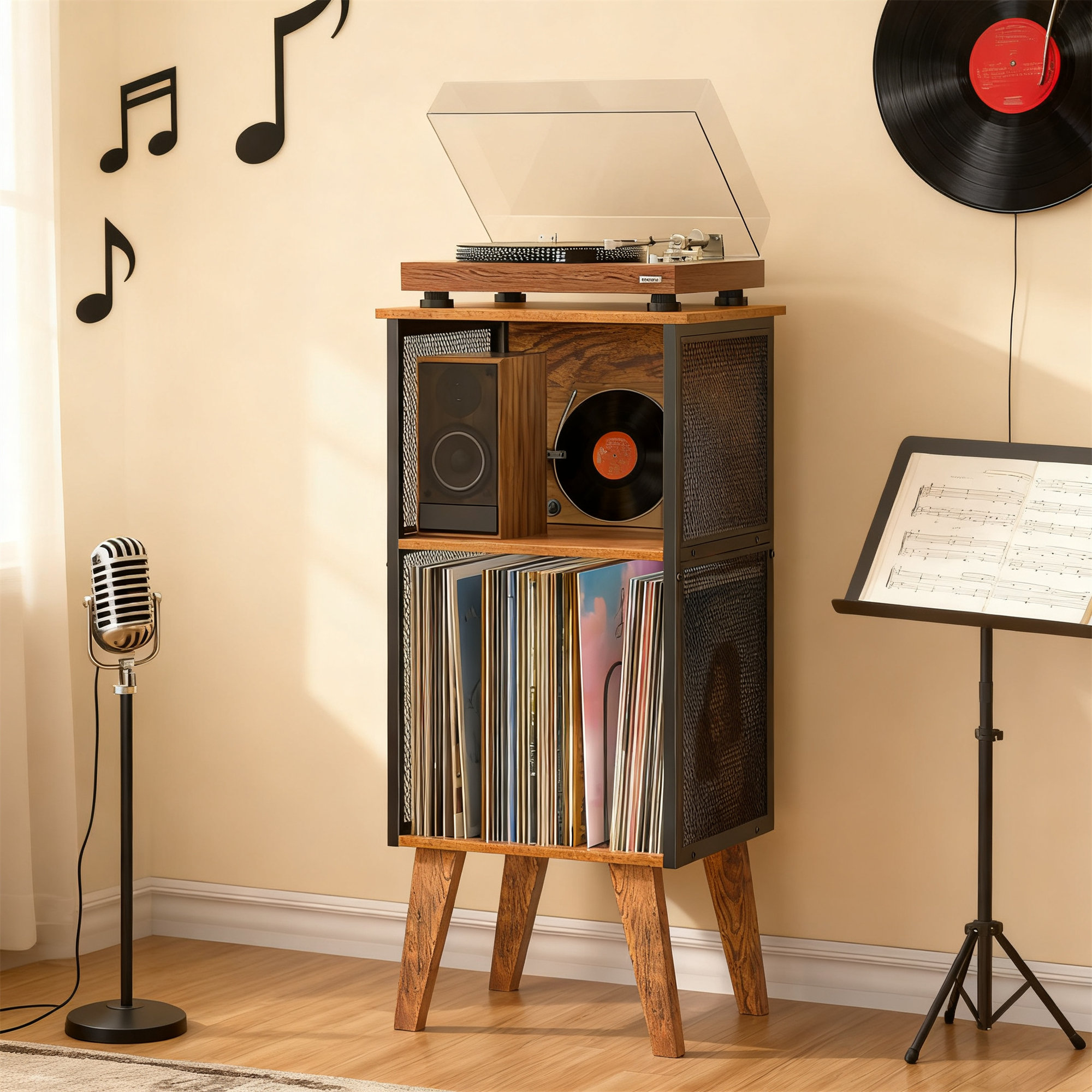 17 Stories Turntable Stand With Storage For 100 Albums, Adjustable ...