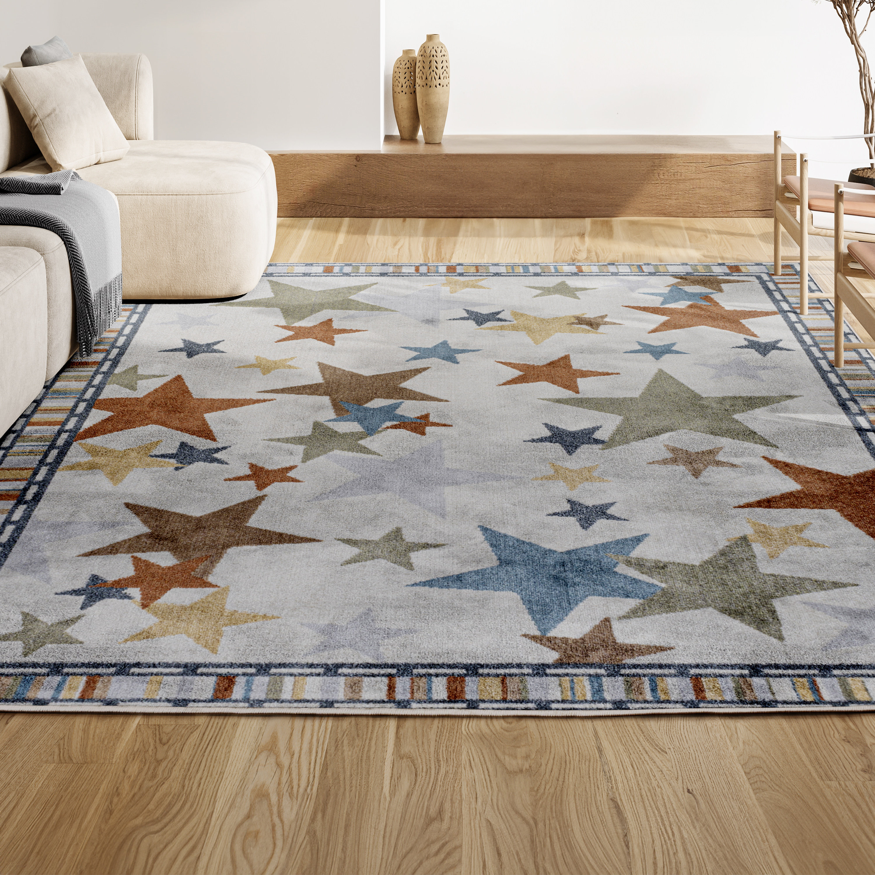 Ivy Bronx Star Gazer Geometric Machine-Washable Ivory/Blue/Orange Rug ...
