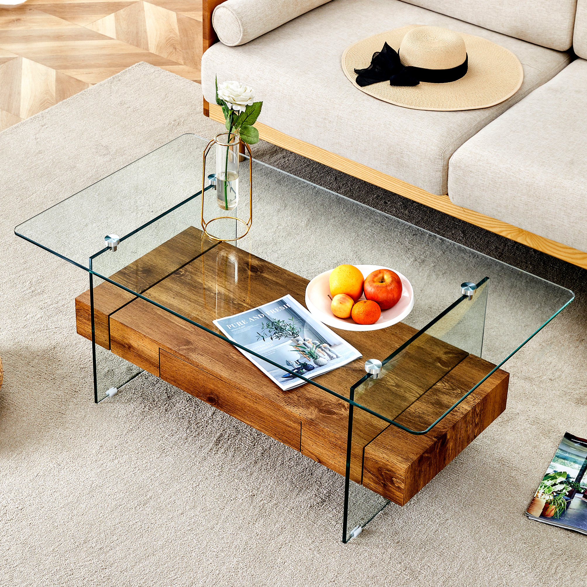 Ivy Bronx Two-Tier Coffee Table - Clear Tempered Glass And Wood Grain ...