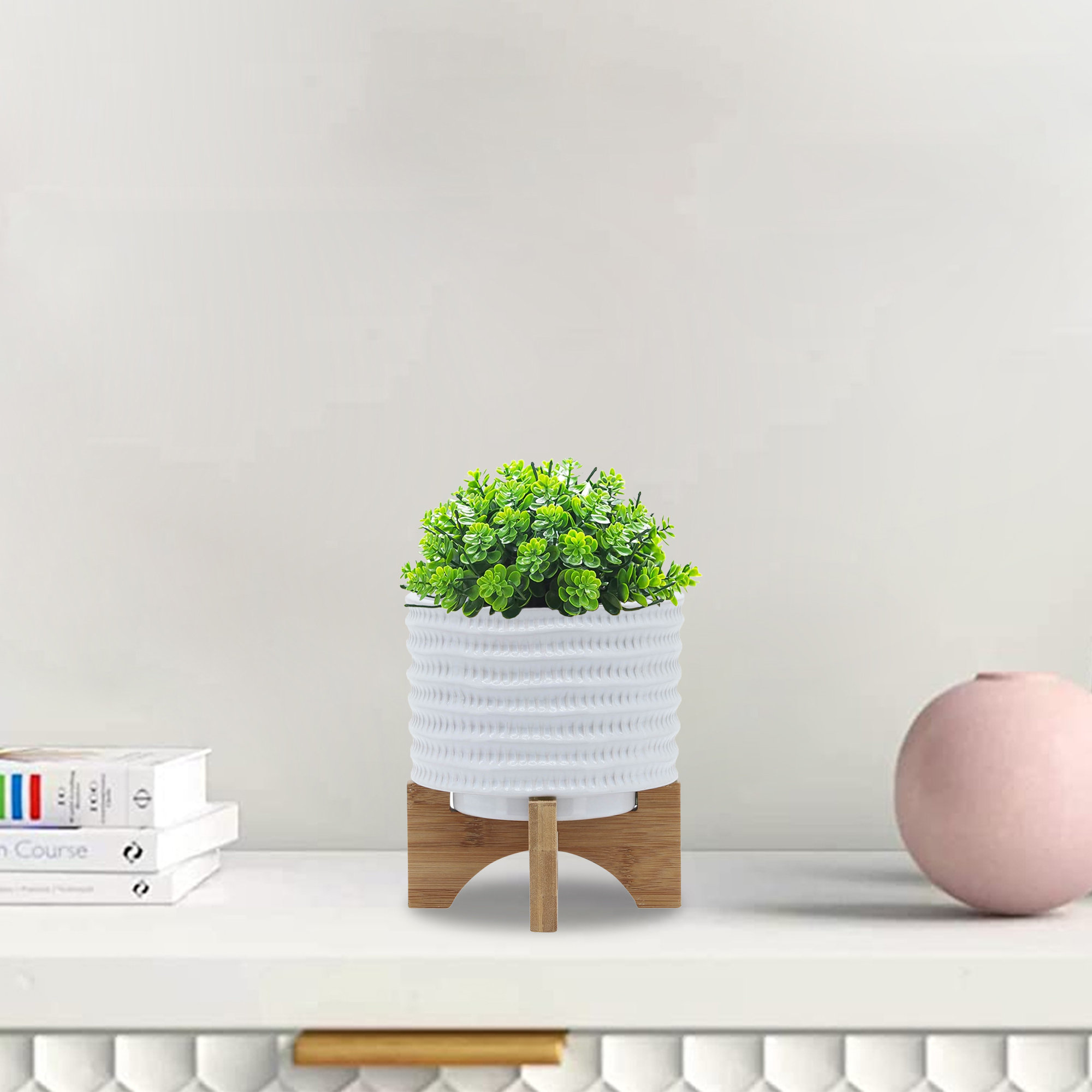Dakota Fields 5 Inch Textured Pattern Ceramic Plant Pots With Wood ...