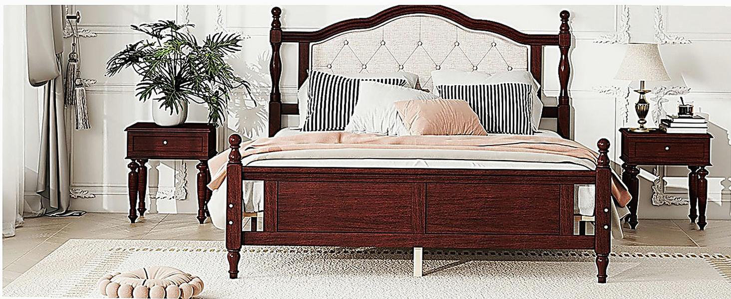 Red Barrel Studio Queen Pine wood bed with padded headboard and panel ...