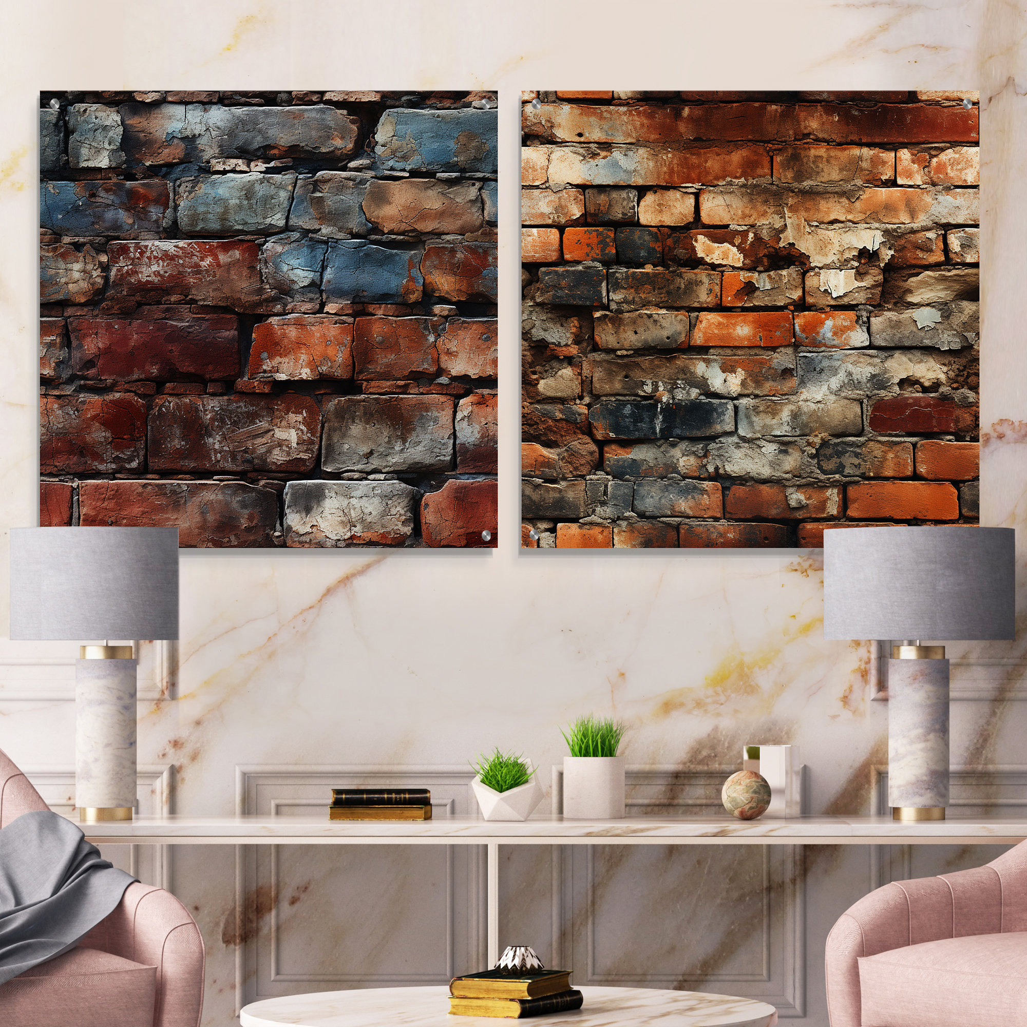Design Art Brick Wall Elegance - Abstract Acrylic Wall Art Glass Set Of ...
