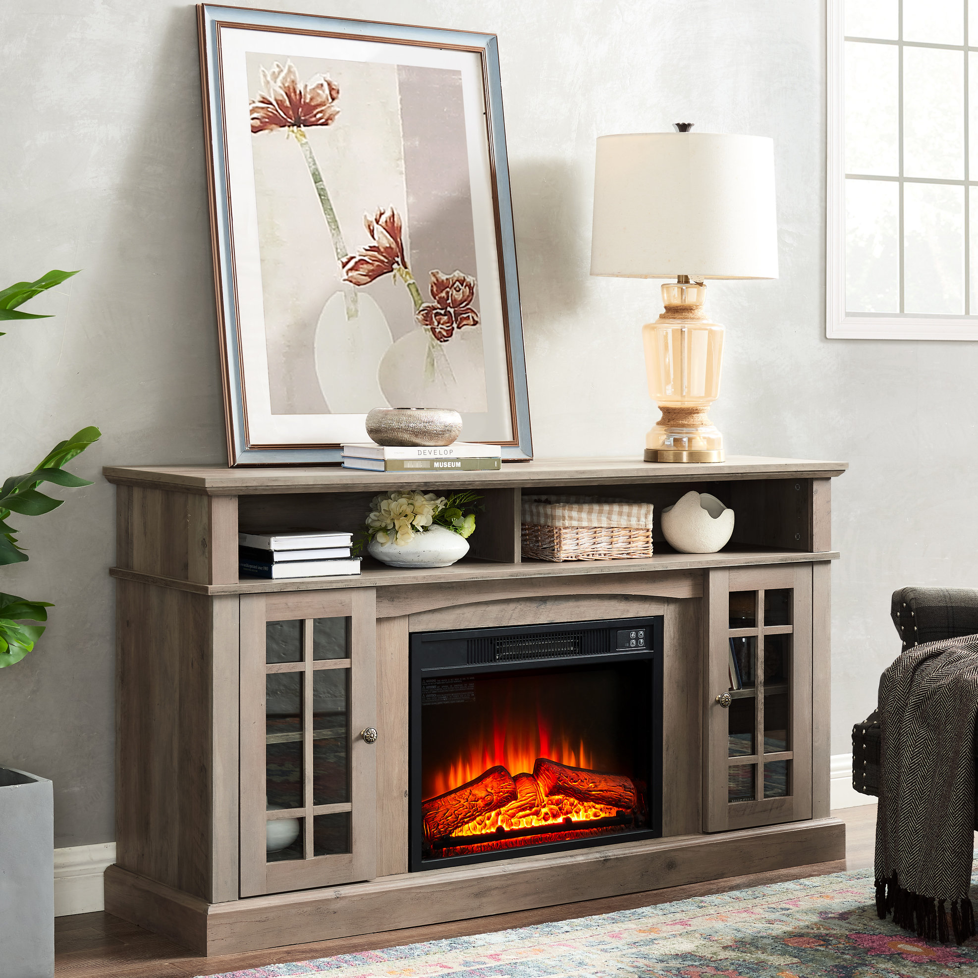 Ophelia & Co. Gray Wash Tv Console With Fireplace. Holds 65" Tv. 3 ...
