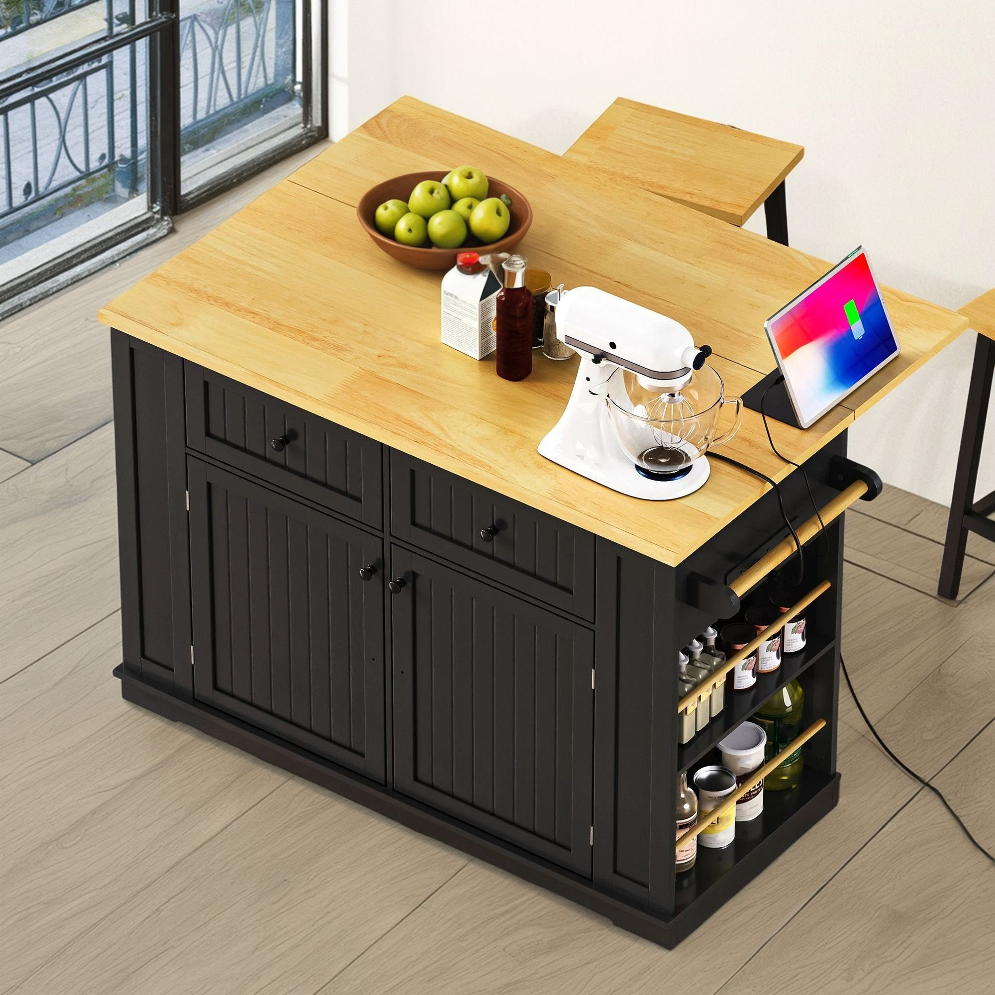 Winston Porter Large Kitchen Island With Folding Board, Power Socket ...