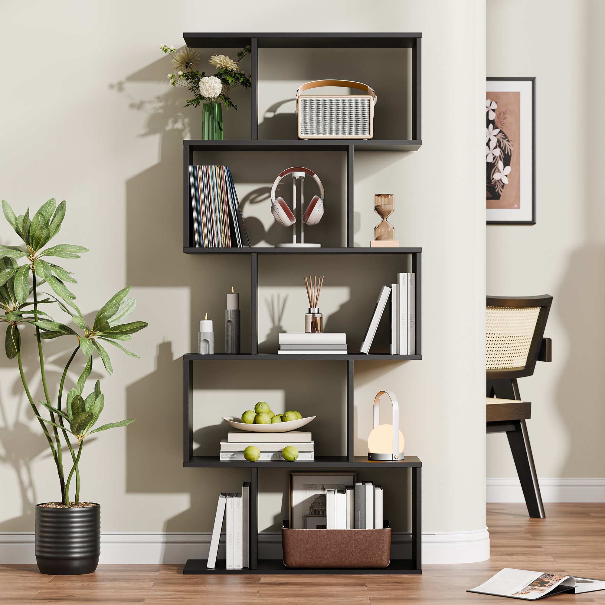 Ebern Designs 62" H Geometric Bookcase S-shaped 5-tier Room Divider ...