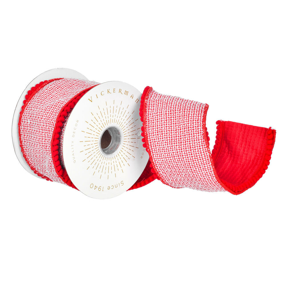 Vickerman 4" x 5 Yards Red Houndstooth Jacq Pom Pom Trim Fused Ribbon ...