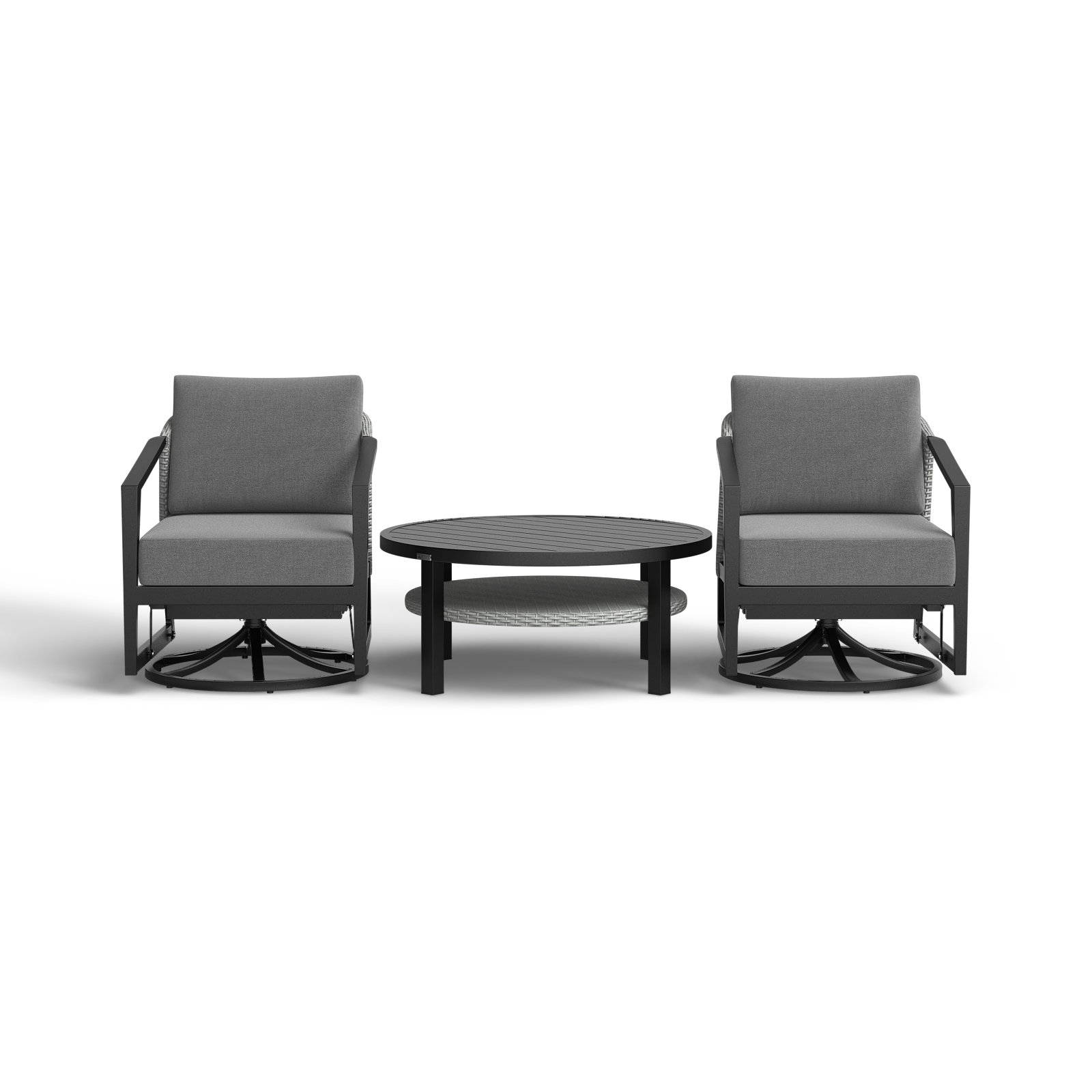 Abalone 3 Piece Patio Outdoor Swivel Seating Set In Black Aluminum With Grey Wicker And Cushions Joss Main