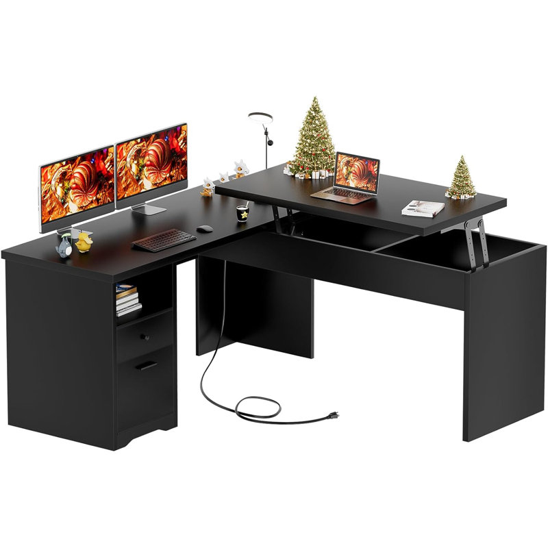 Ebern Designs Swapan 56'' Lift Top L-Shaped Desk with Drawers and Power ...