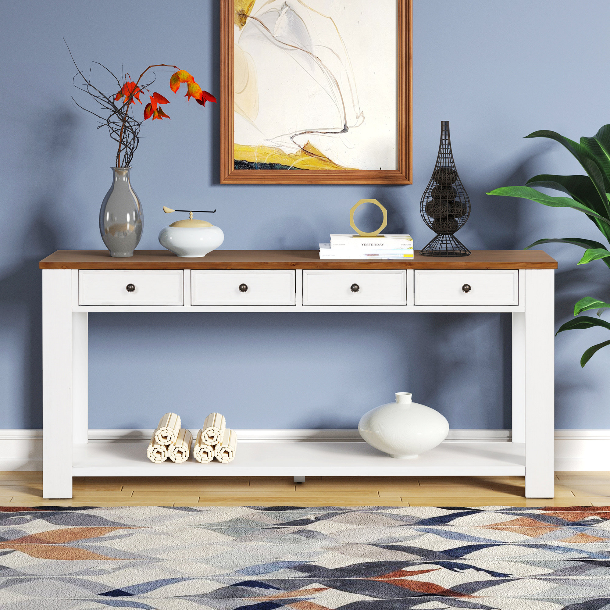 Red Barrel Studio® Pine Wood Console Table With 4 Drawers And 1 Bottom Shelf For Entryway ...