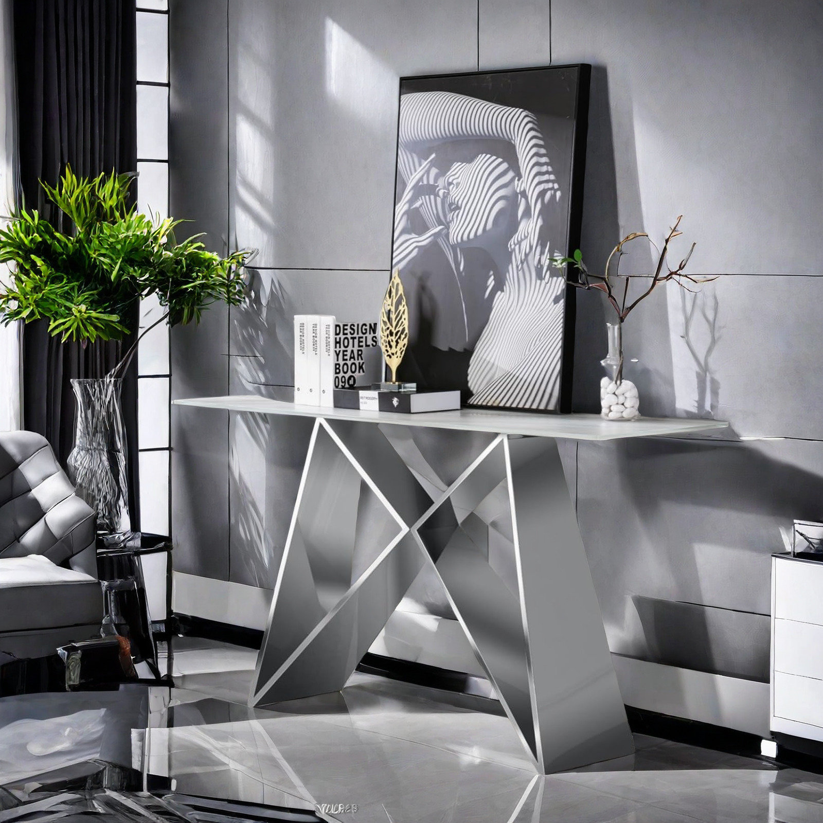 Ivy Bronx Mynette Modern Sofa Console Table with 55'' White Tempered ...