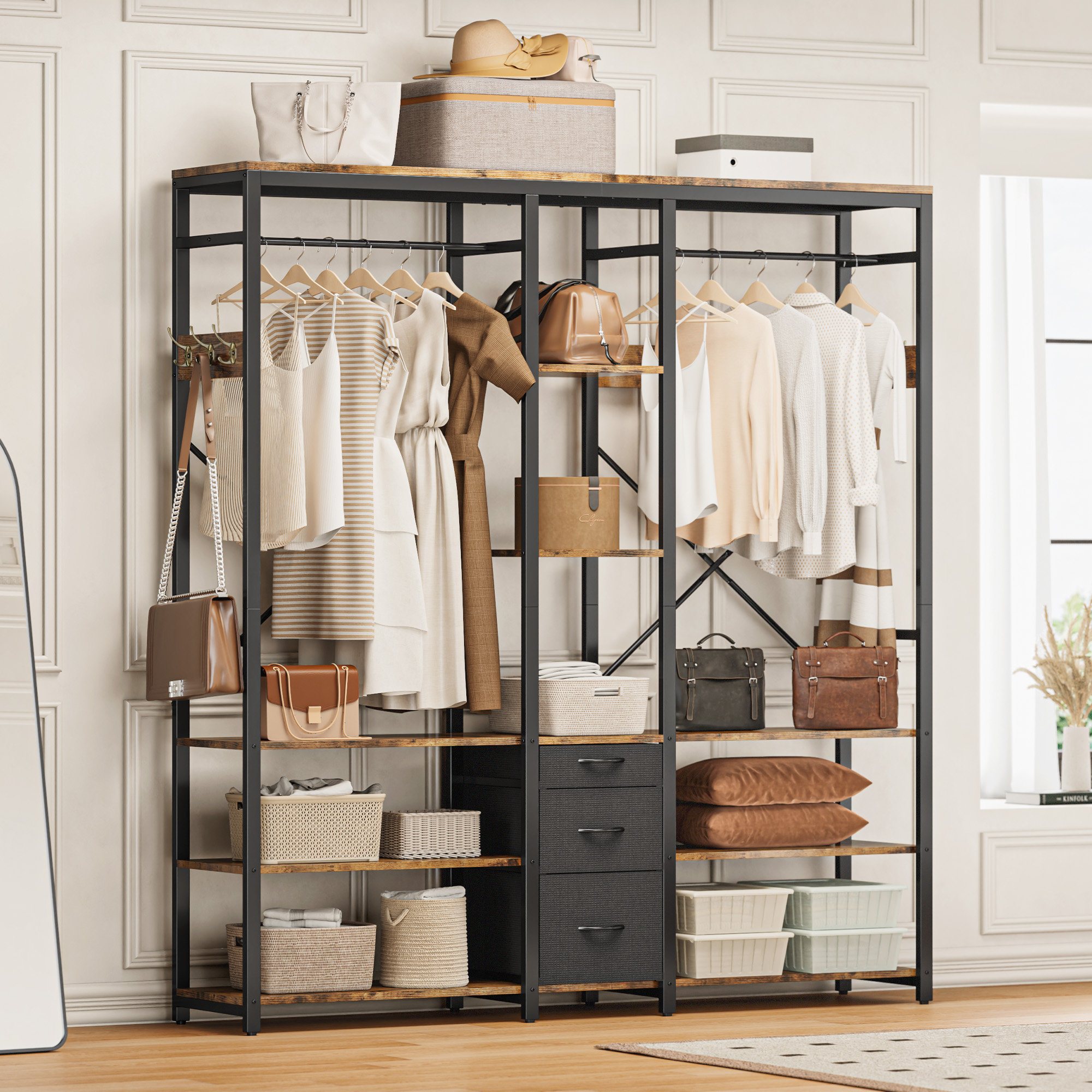 17 Stories 17 Storeys Clothes Rack With 3 Drawers And Storage Shelves ...
