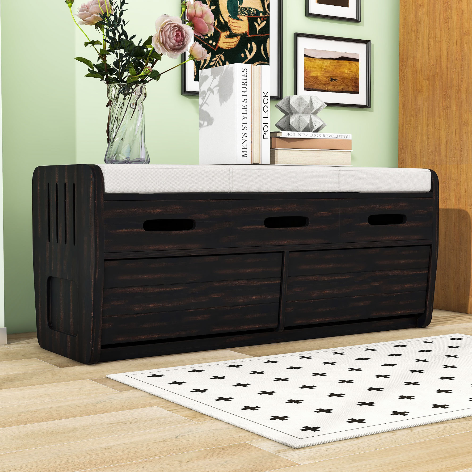 Lark Manor Cathlena Vintage Wood Storage Bench with Drawers and ...