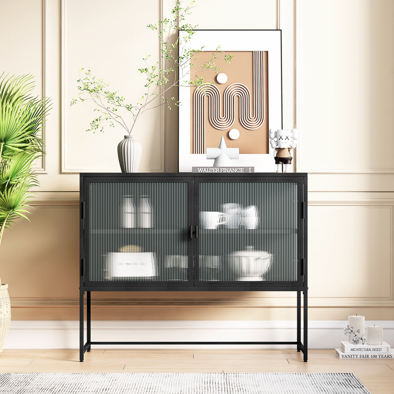 Latitude Run® Glass Doors MDF Sideboard with Featuring 2-tier Storage ...