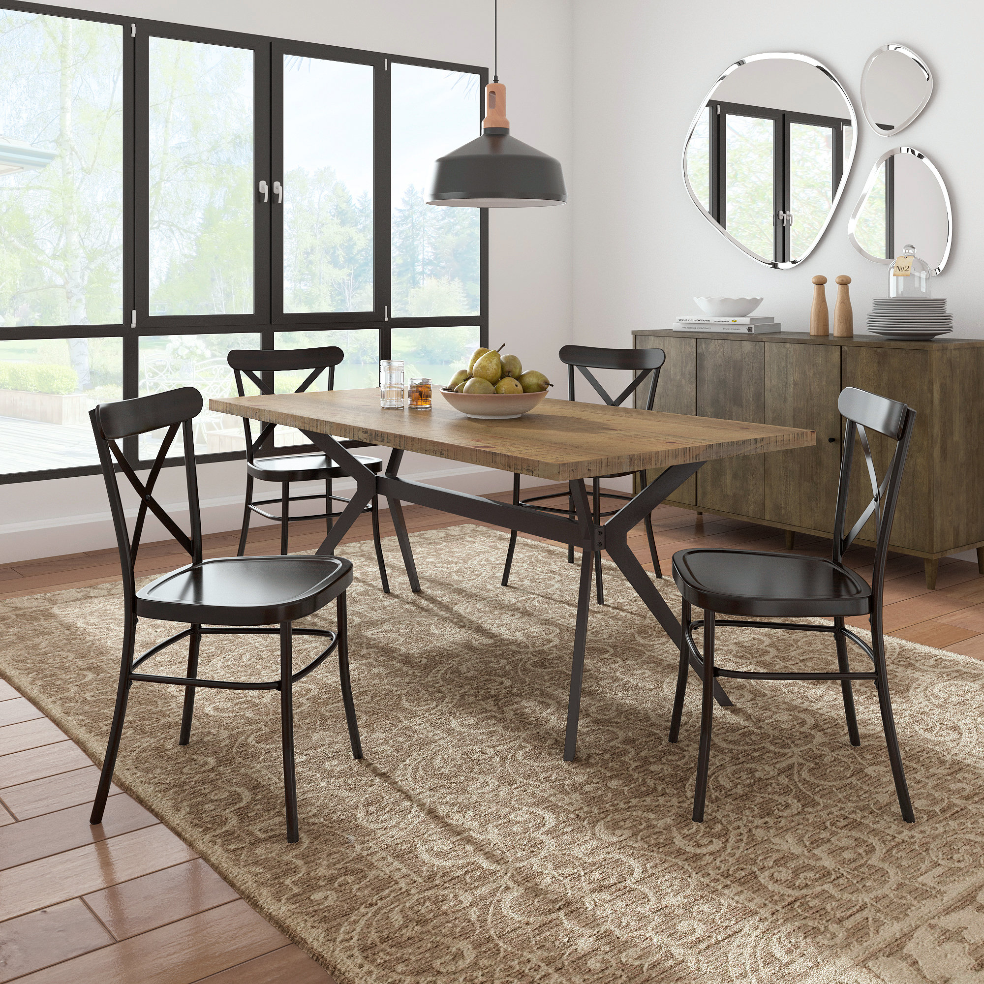 17 Stories Devan 70" Iron Metal Base Dining Table And X-Back Metal ...