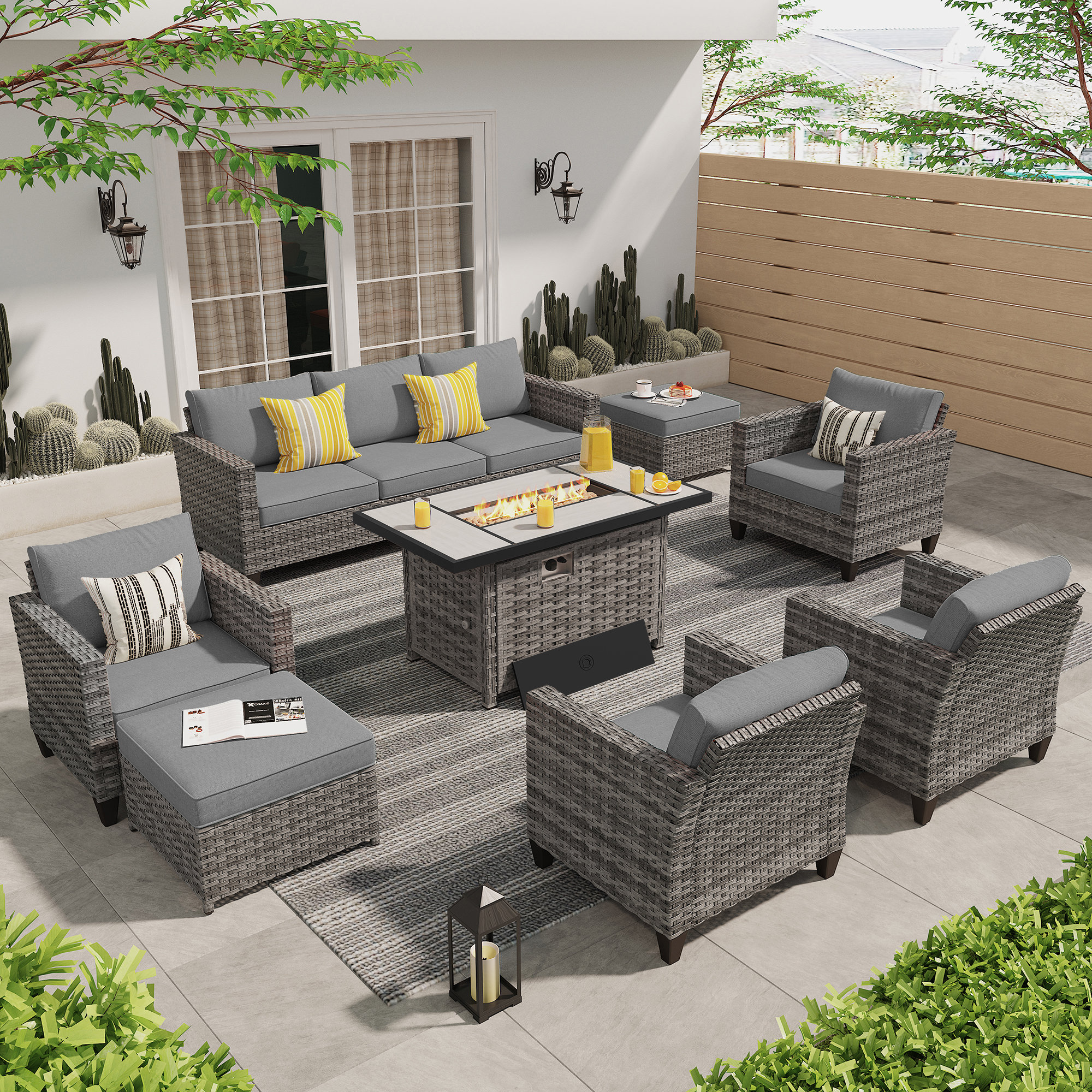 OVIOS Allcot 7 - Person Wicker/Rattan Patio Furniture Set, Outdoor Fire ...