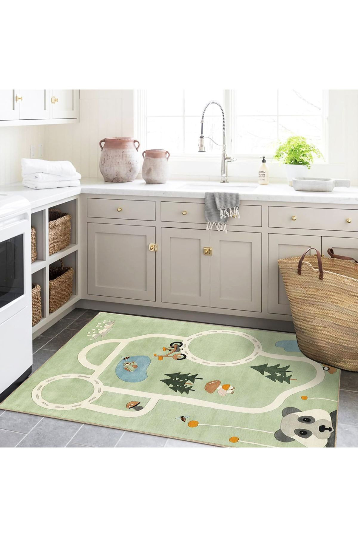 Hokku Designs Green Toned Panda and Bicycle Path Patterned Woven Base ...