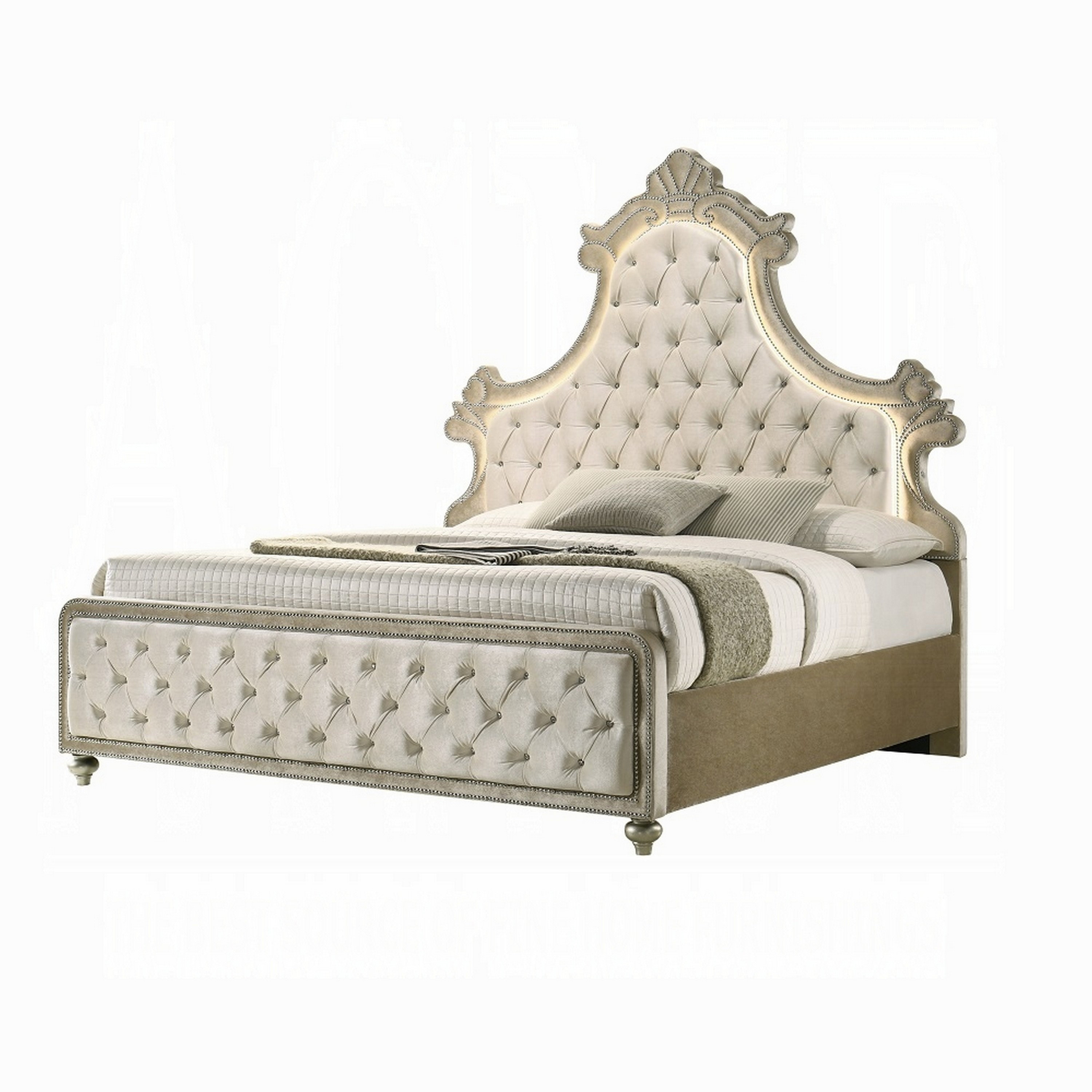 Benjara Willa Bed, LED Lights, Beige Velvet Upholstery, Brown Wood ...