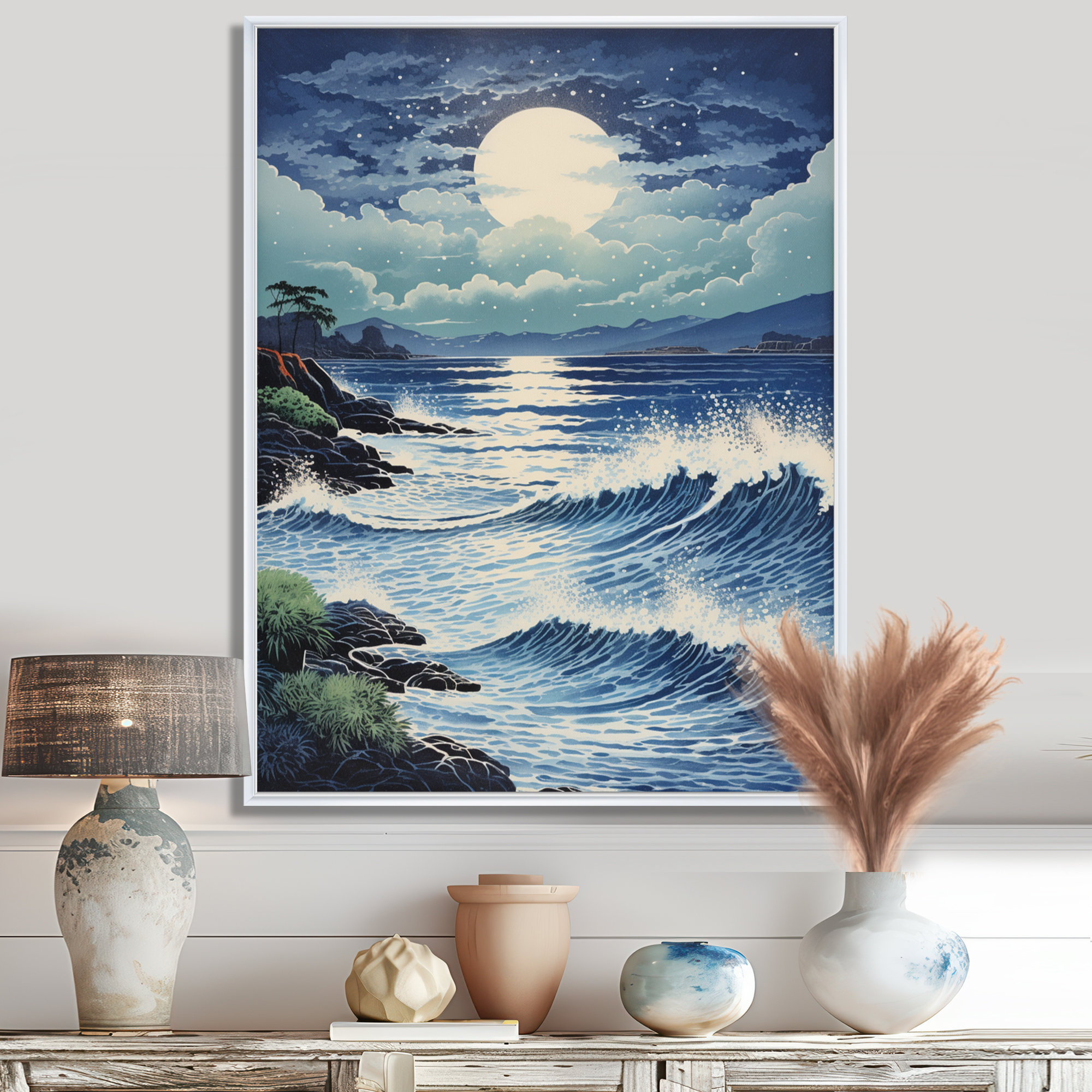 Design Art Wild Full Moon Waves Breaking On The Shore - Beach & Ocean ...