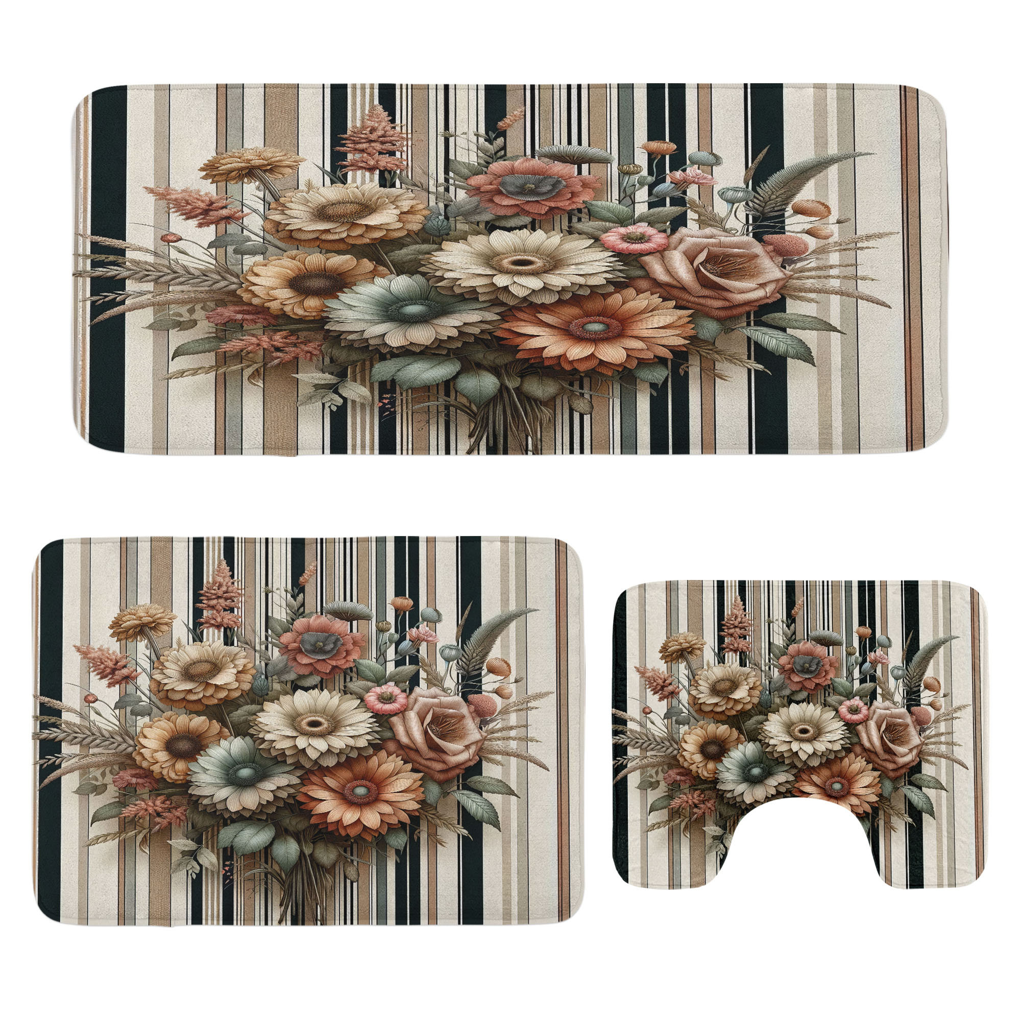 East Urban Home Floral Bathroom Rug Set 3 Pieces U-Shape & Rectangle ...