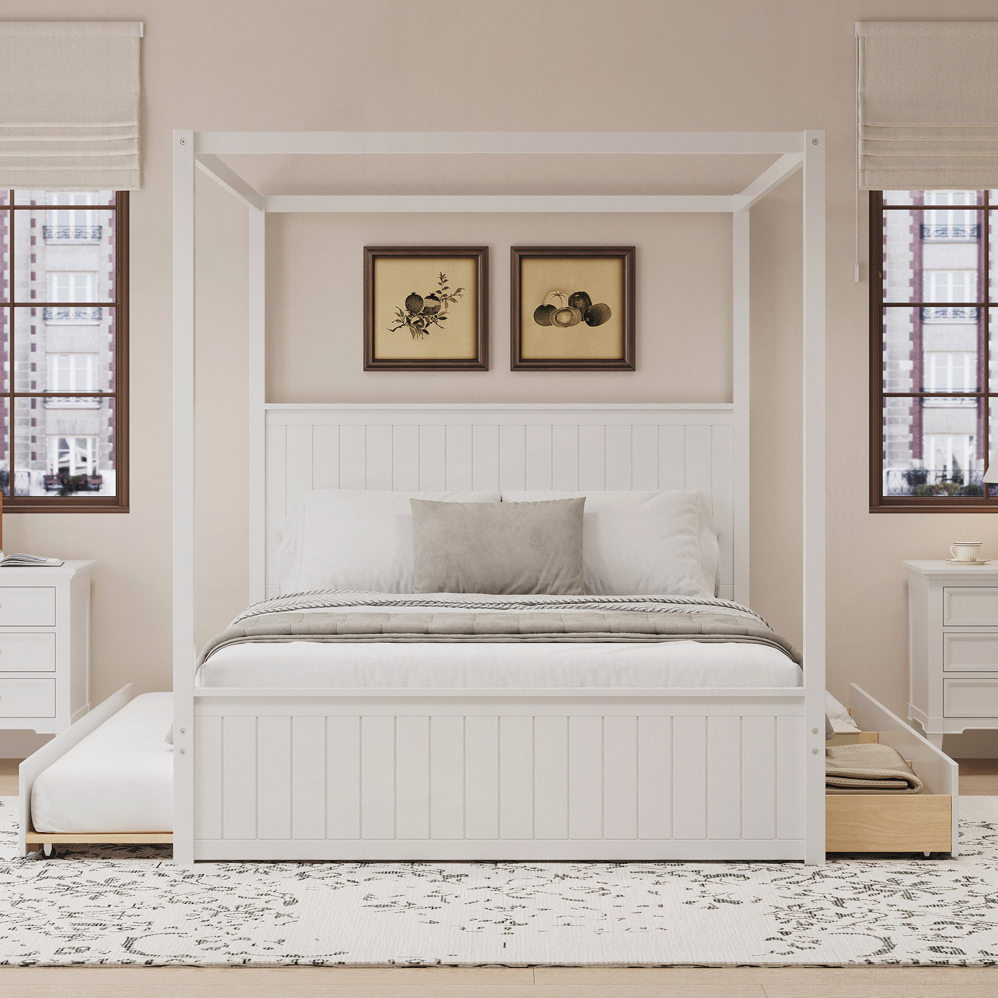 Lark Manor™ Modern Canopy Platform Bed with Trundle and Three Storage Drawers,4-Post Solid Wood ...