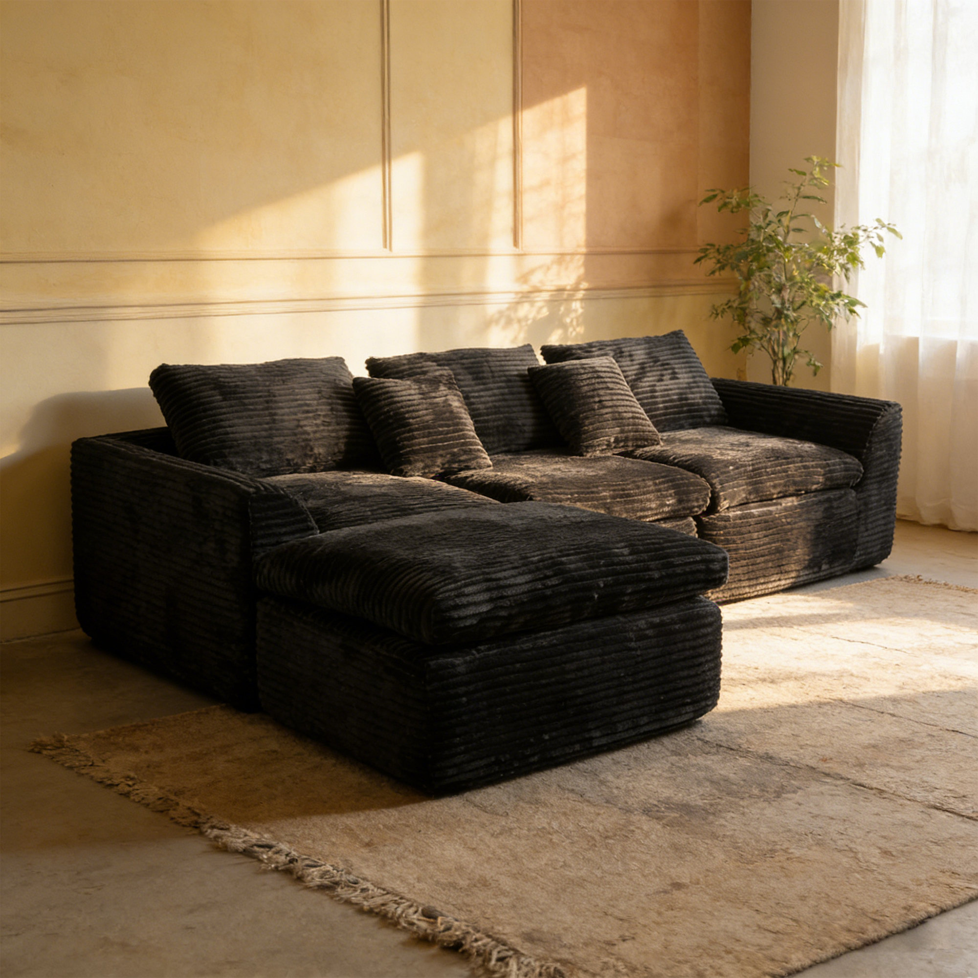 Mercer41 106” Wide Plush Corduroy Sofa Chaise, Configurable Sectional ...