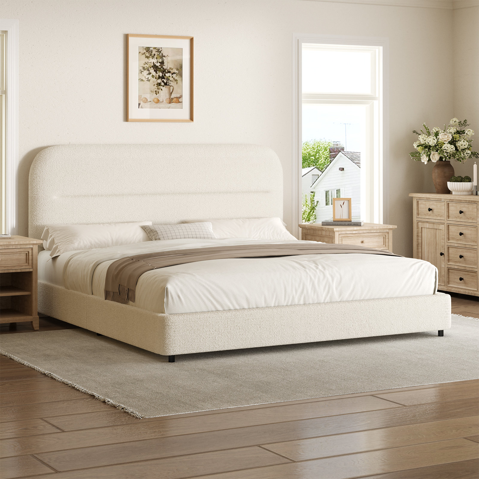 Mercer41 Manfred Boucle Upholstered Cloud Bed Frame with Rounded ...