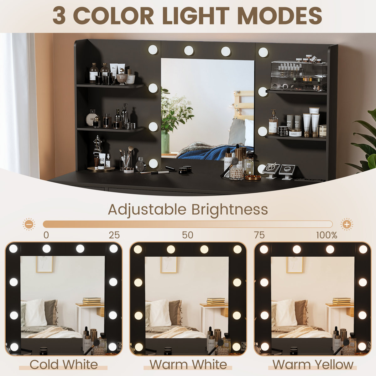 Ebern Designs Makeup Vanity With Led Lighted Mirror And Built-In Power ...