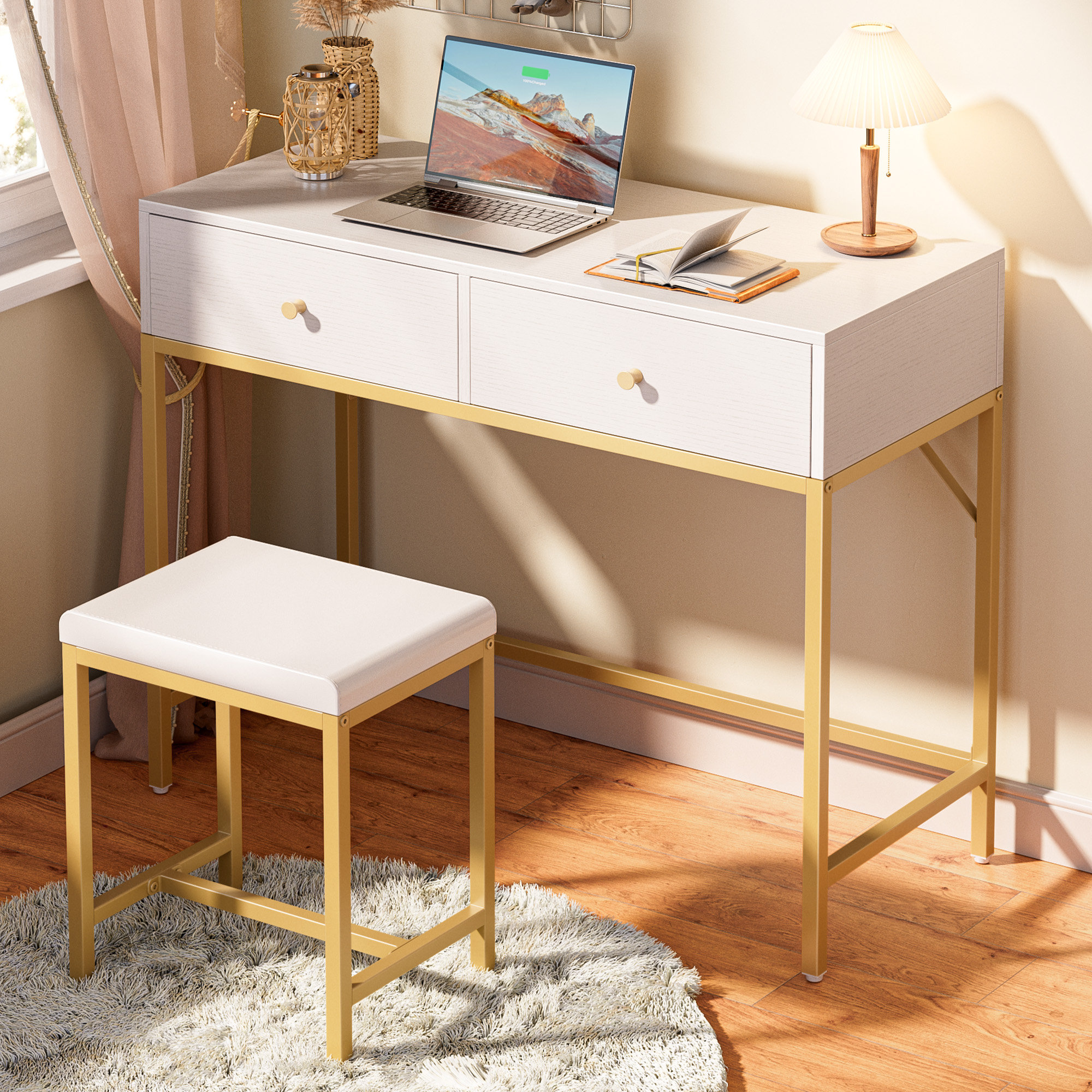 Mercer41 Mirie 35.4" Modern Desk with 2 Drawers, Vanity Desk with Stool ...