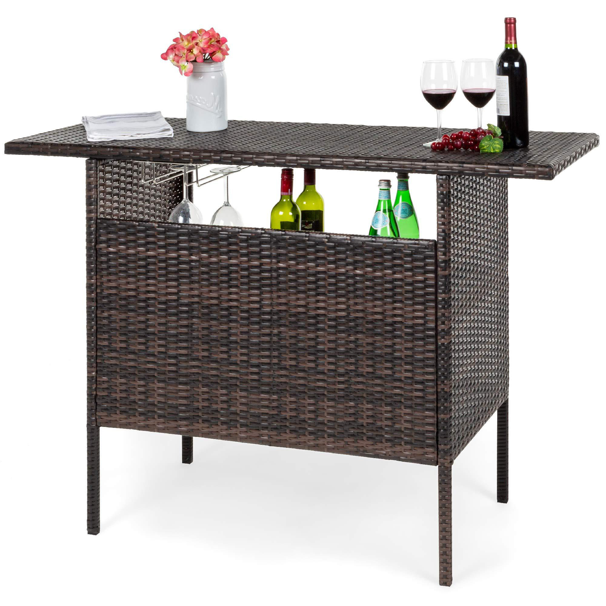Latitude Run® Outdoor Patio Wicker Bar Counter Table W/ 2 Steel Shelves ...