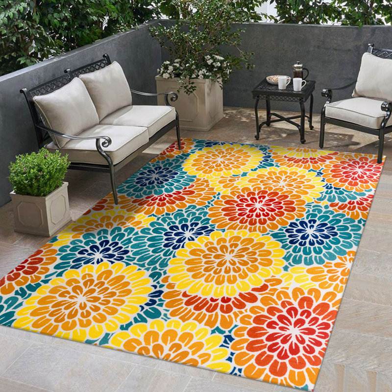 DECOMALL SUNSHINE Floral Outdoor Area Rug Yellow/Red/Blue & Reviews ...
