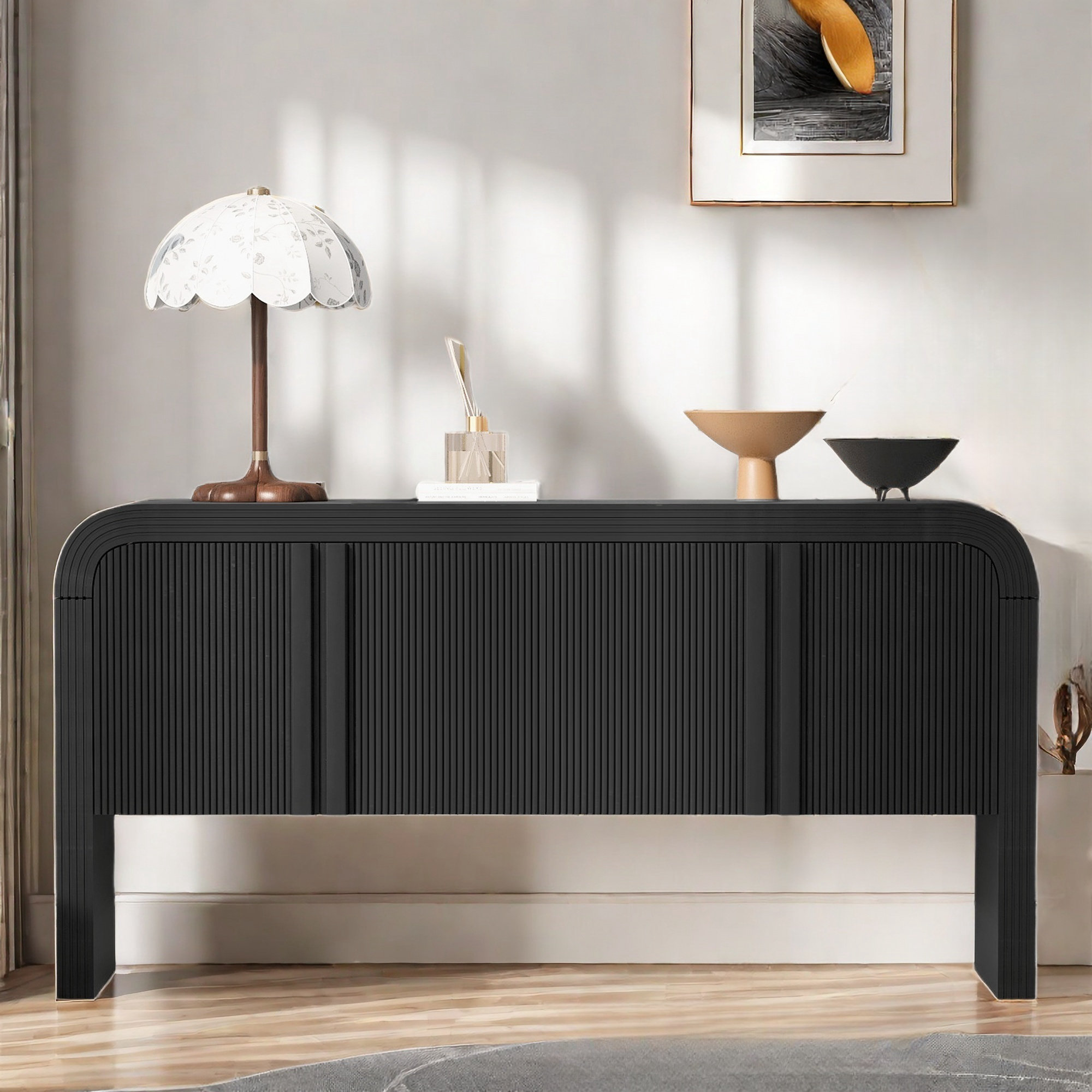 Ebern Designs 4-door Sideboard With Stripe Design, Adjustable Shelves And Curved Edge | Wayfair