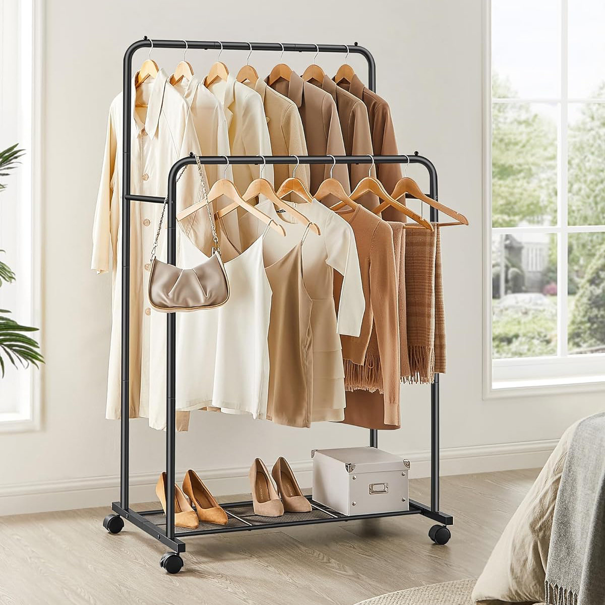 Hokku Designs Double-Rod Clothes Rack with Wheels, Metal Clothing Rack ...