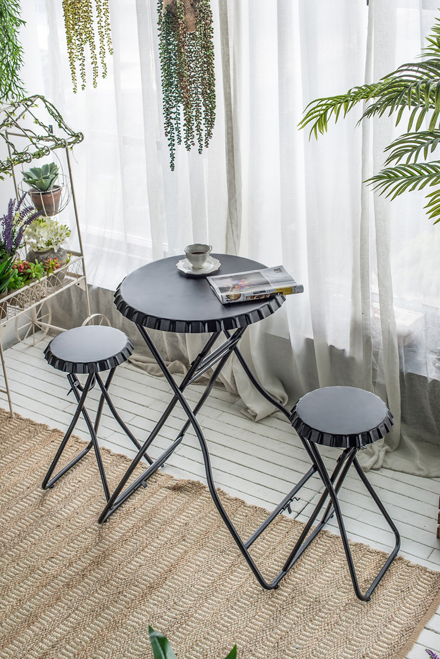 17 Stories 57.5X23.6X39.8" Black Stowable Side Table And Two Seats ...