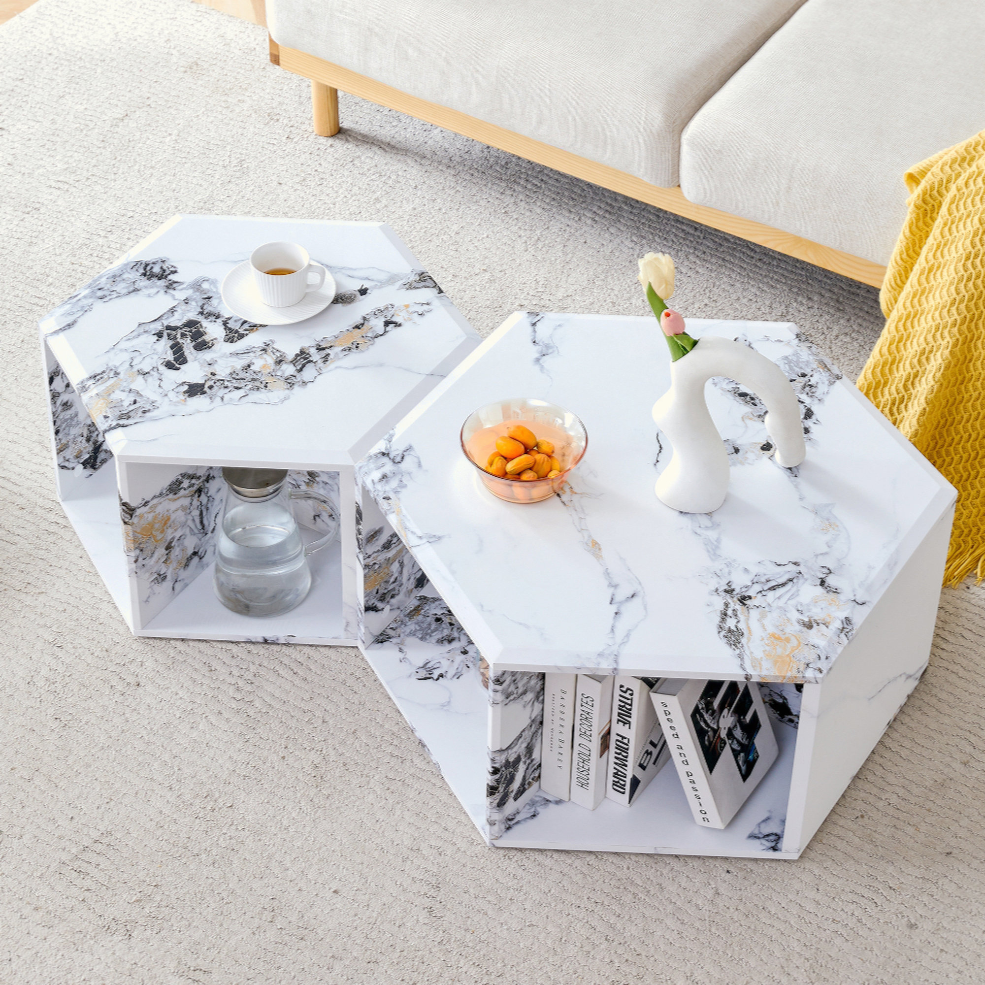 Ivy Bronx Minimalist Patterns Hexagonal Coffee Table Set.Hexagonal MDF Coffee Table ...