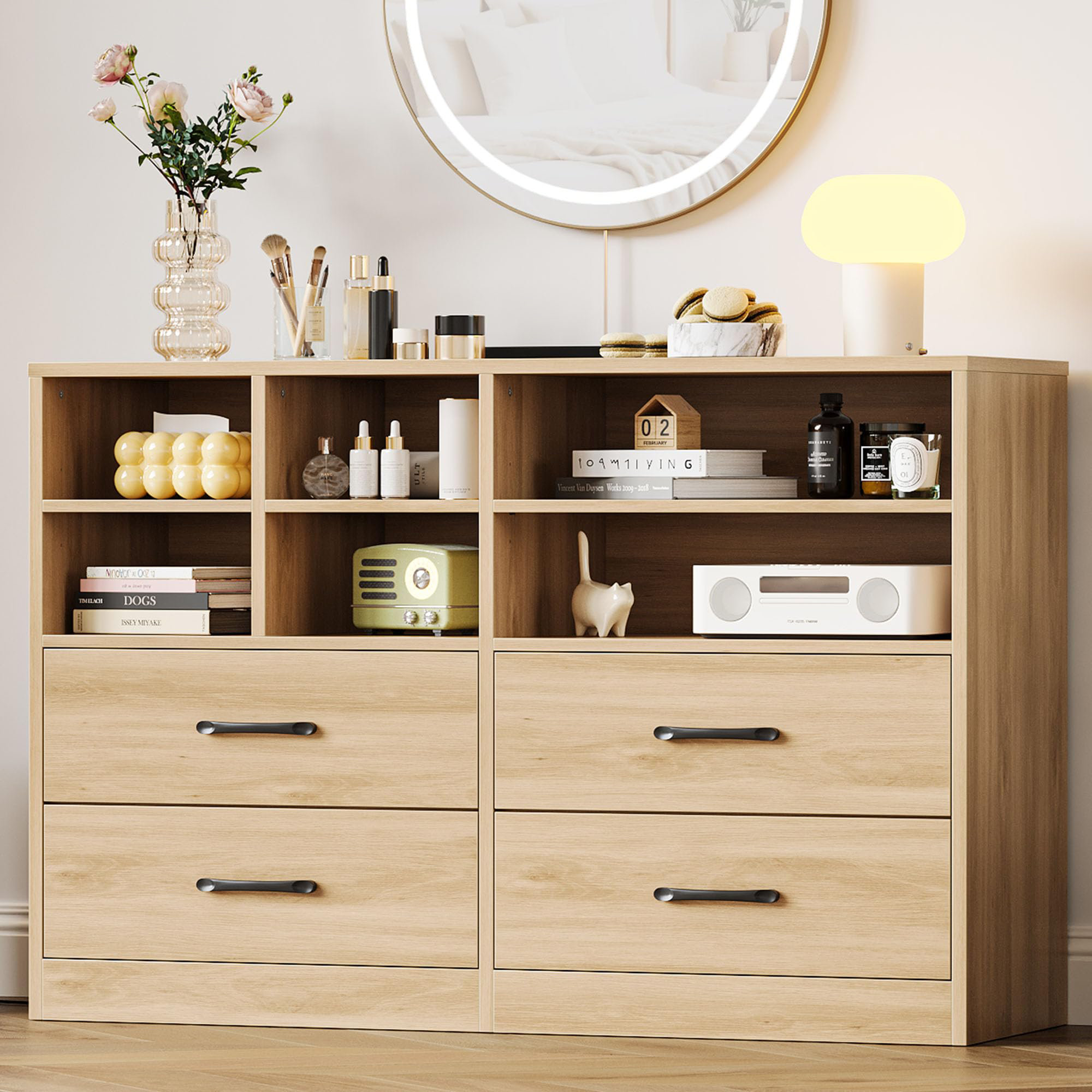 Ebern Designs Modern 4-Drawer Dresser with 6 Adjustable Open Cubbies ...