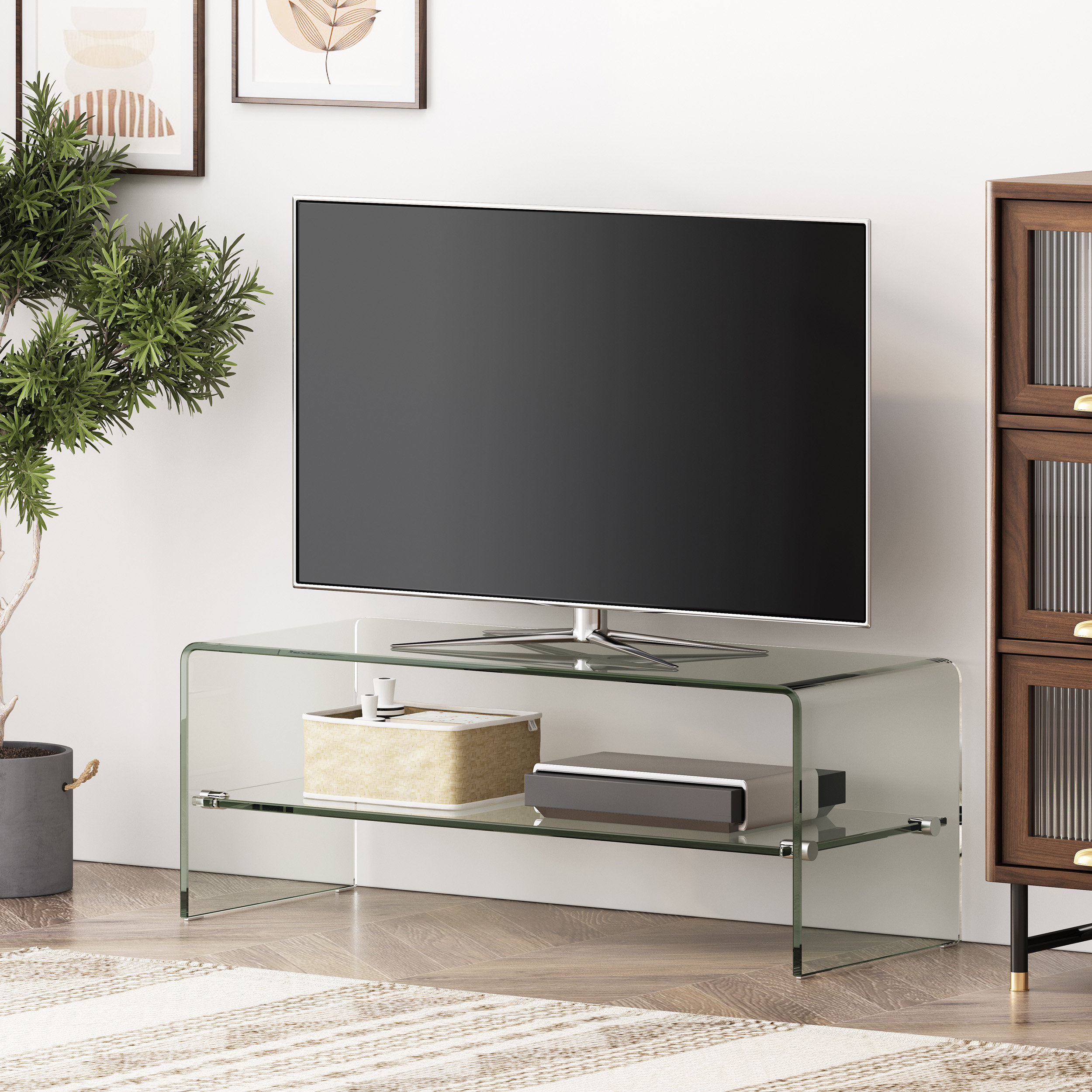 Dakota Fields Modern Glass TV Stand with Curved Tempered Glass Design ...