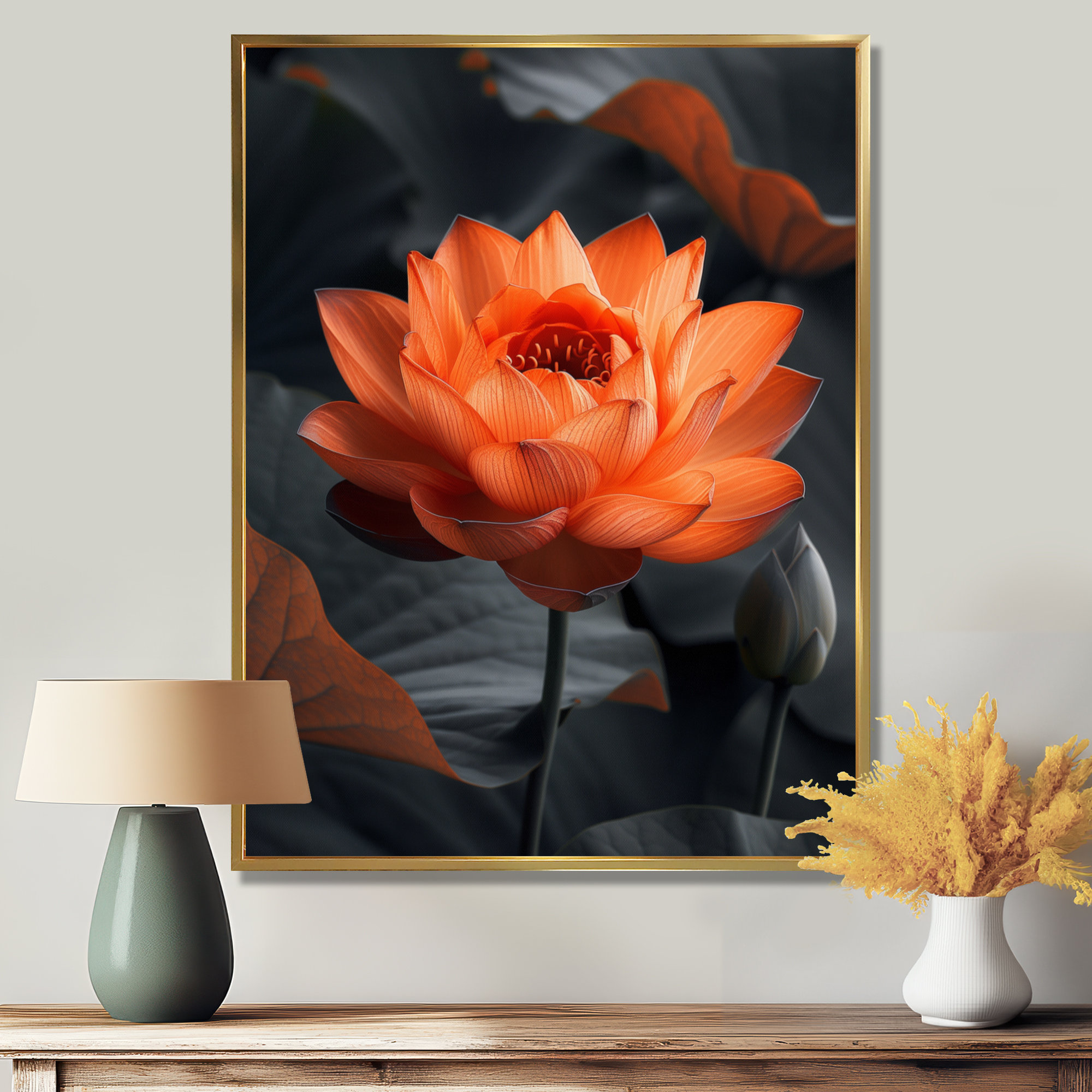 Design Art Orange Grey Vintage Vibes Lotus Photo III - Lotus Wall Decor ...