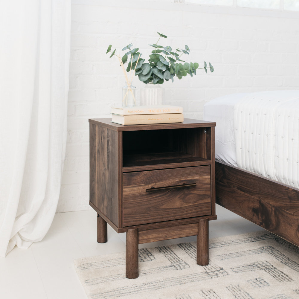 Millwood Pines Cora 21 Inch Modern Wood Nightstand, 1 Drawer, Metal Bar ...