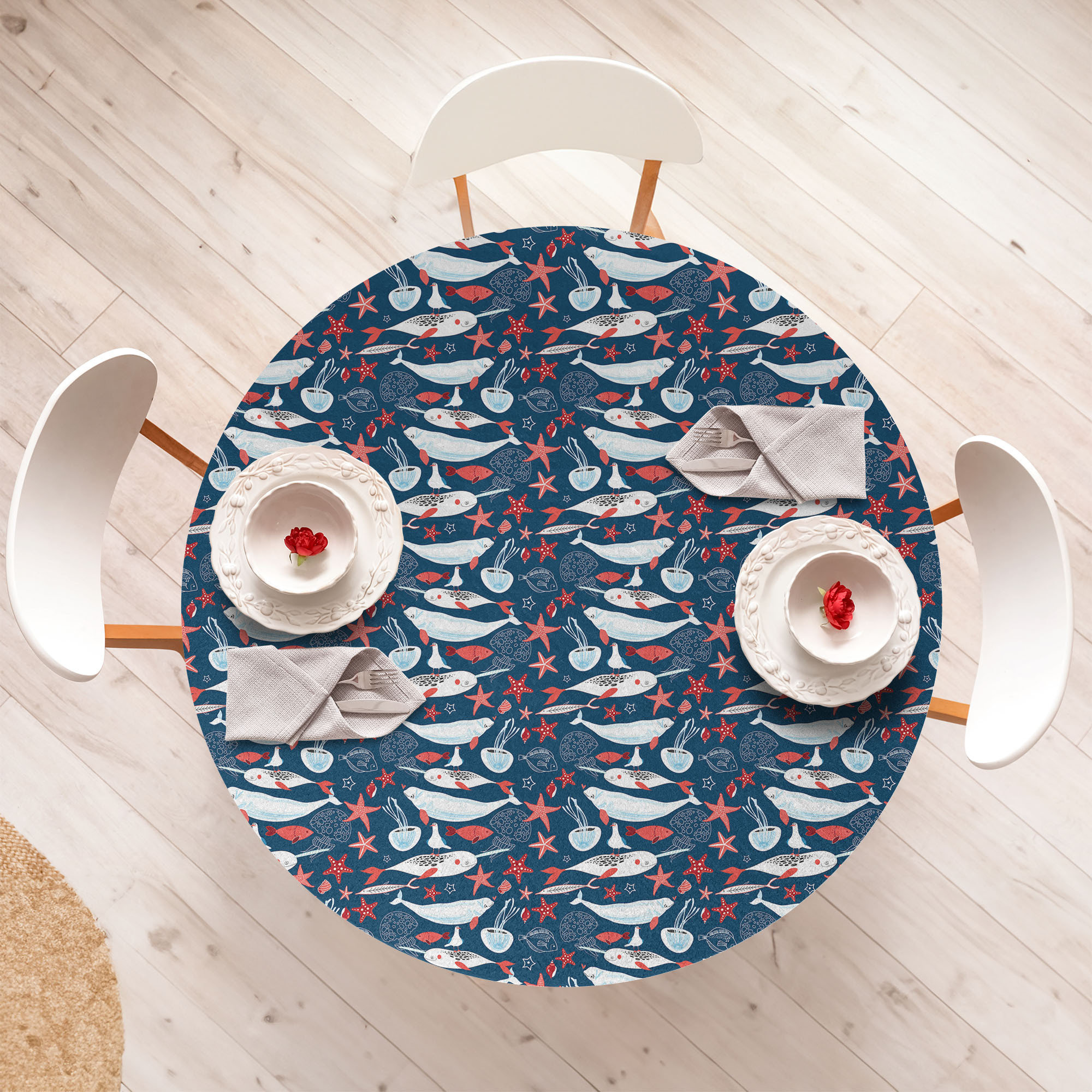 Bungalow Rose Narwhal Fitted Round Tablecloth Diameter Royal Blue Pale ...
