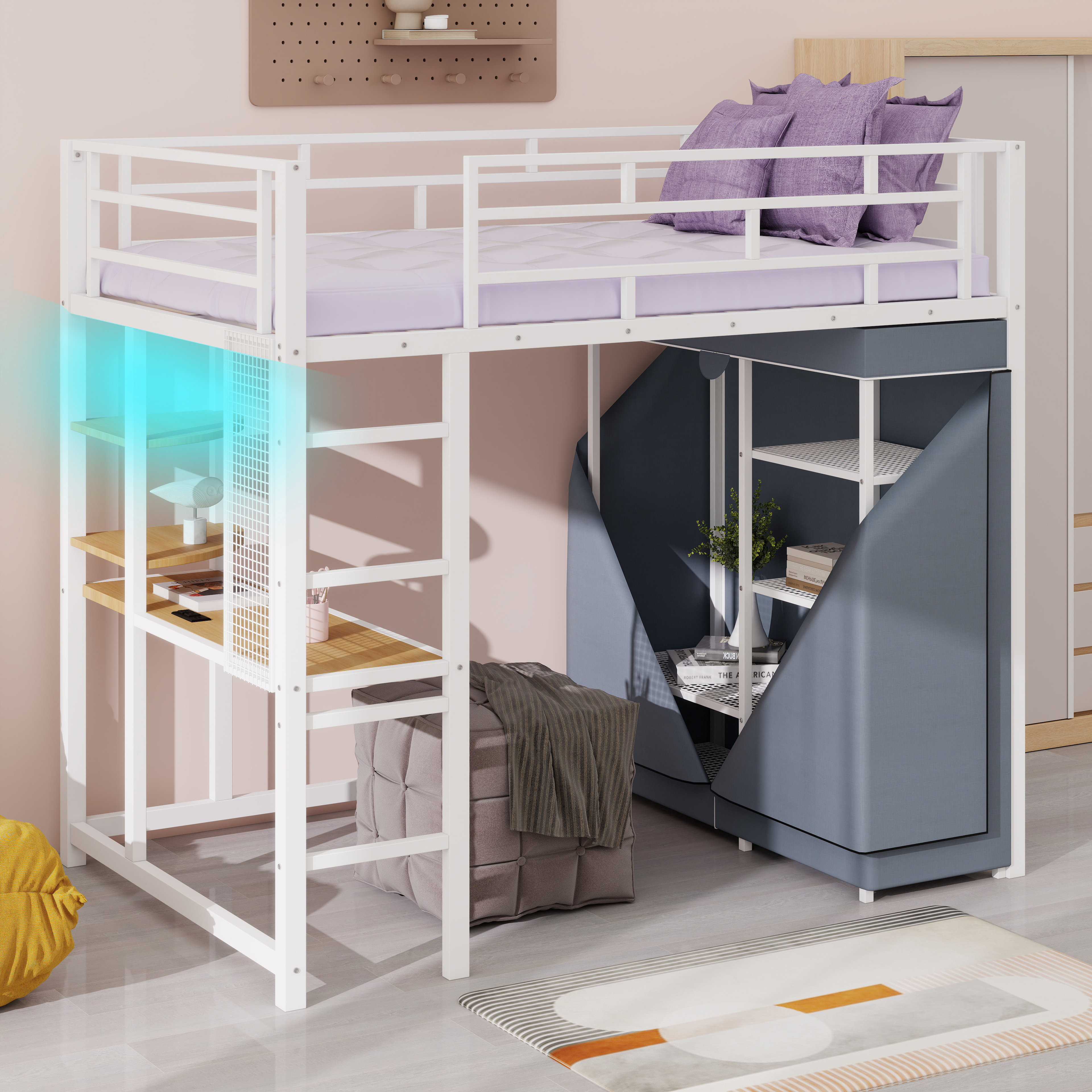Harriet Bee Metal Loft Bed Frame With Integrated Power Outlet, Safety ...