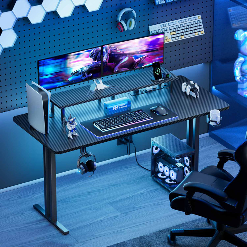 Inbox Zero Gaming Desk with LED Lights & Power Outlet, Computer Desk ...