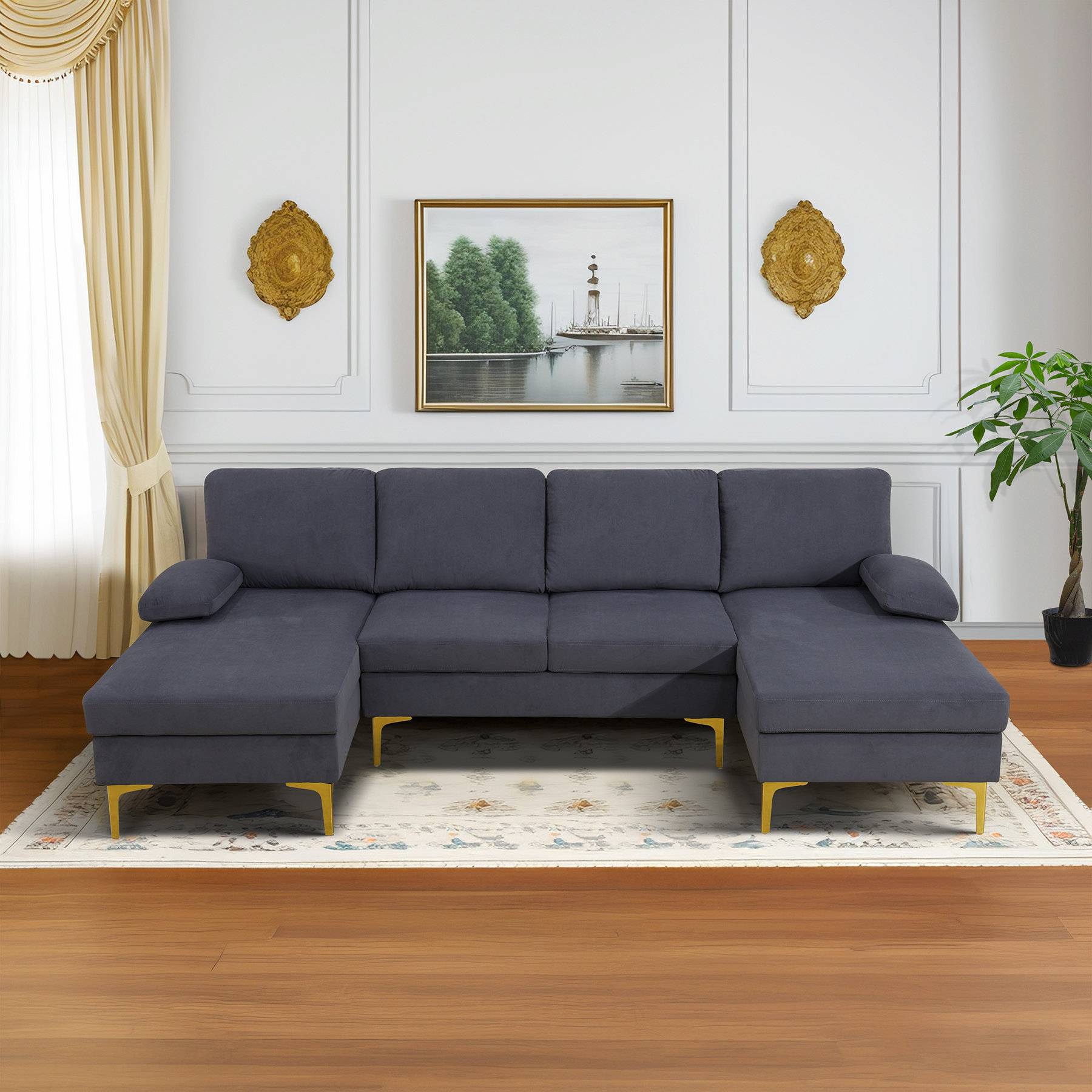 Everly Quinn Deep Grey Fluffy 3-Piece U-Shaped Sofa Set for Living Room ...
